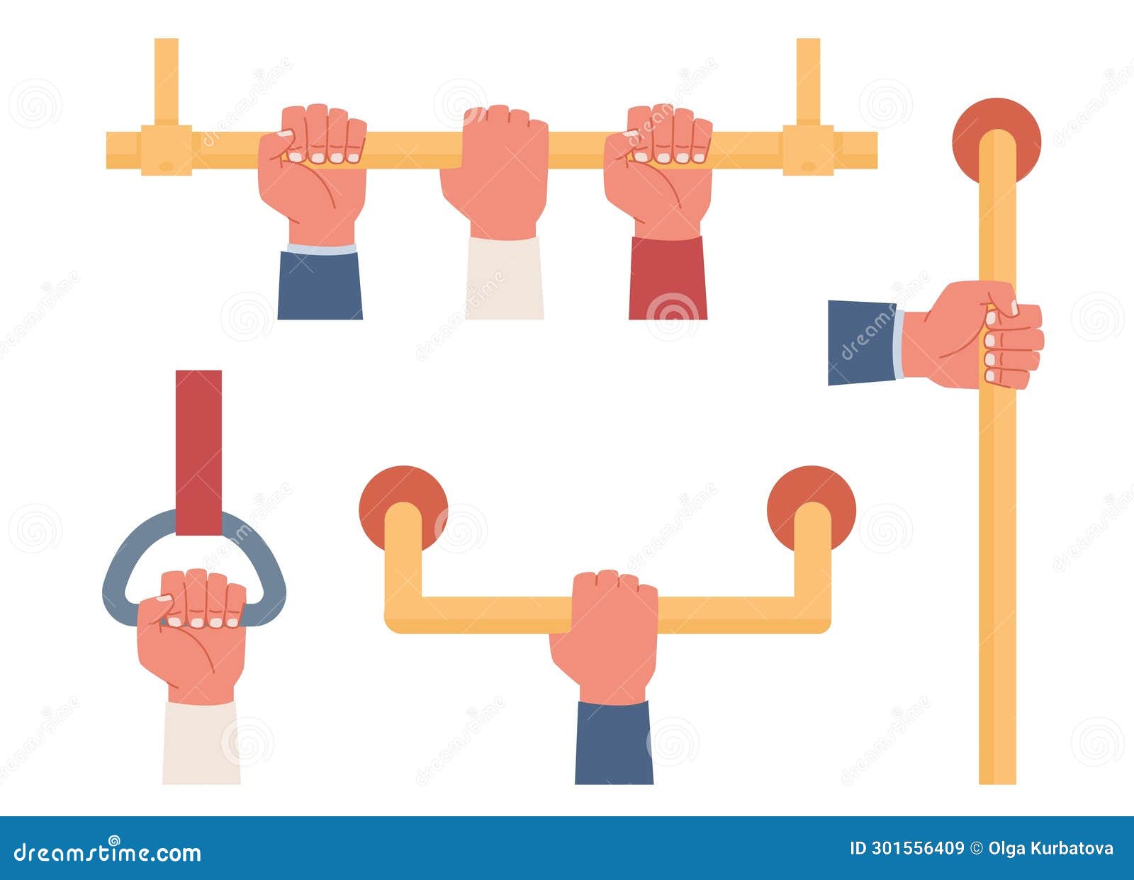 Set of Human Hands on Handrails in Public Transportation. Hanging ...