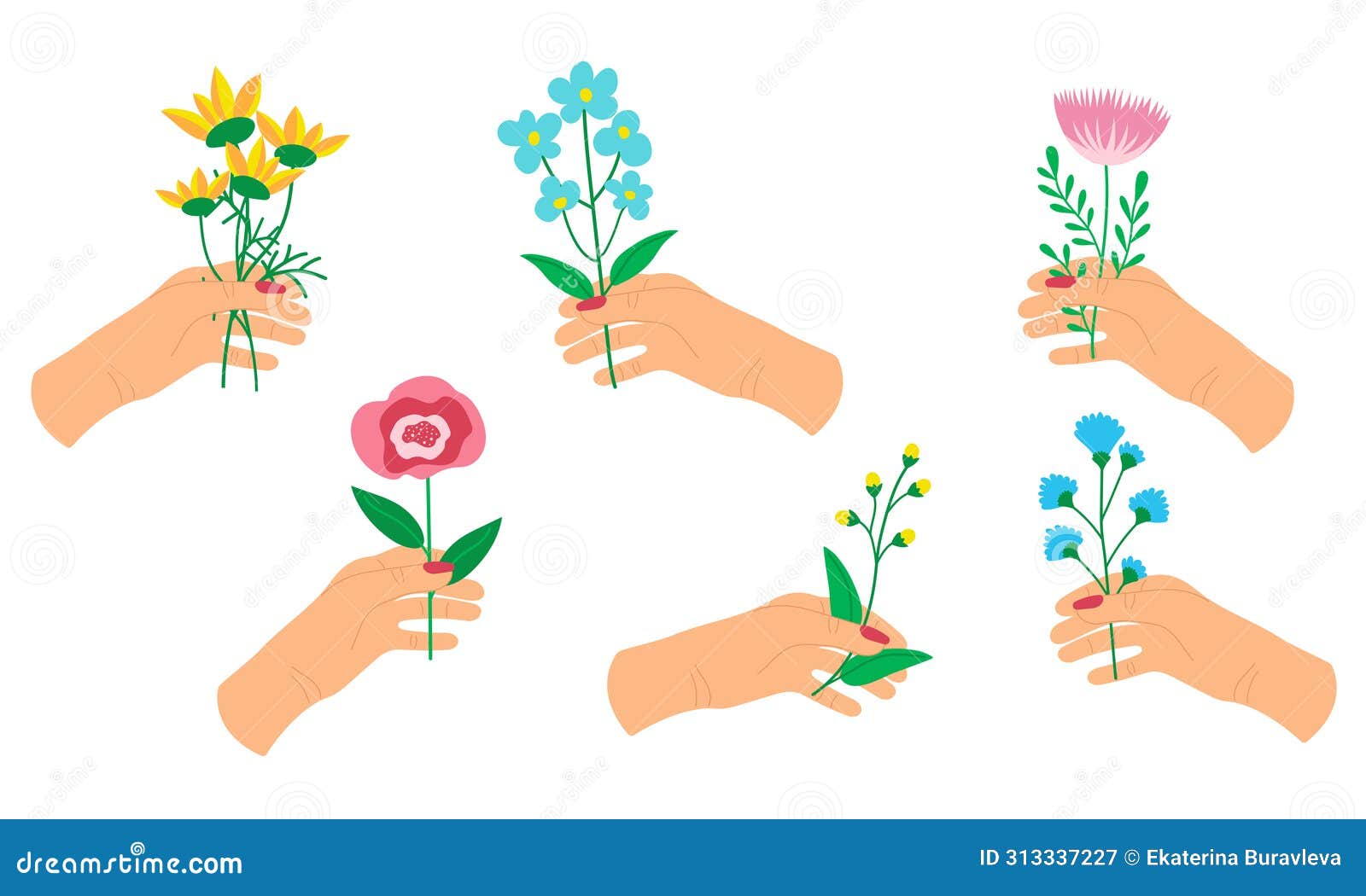 Set of Human Hands Holding Different Hand Drawn Flowers. Beautiful Wild ...