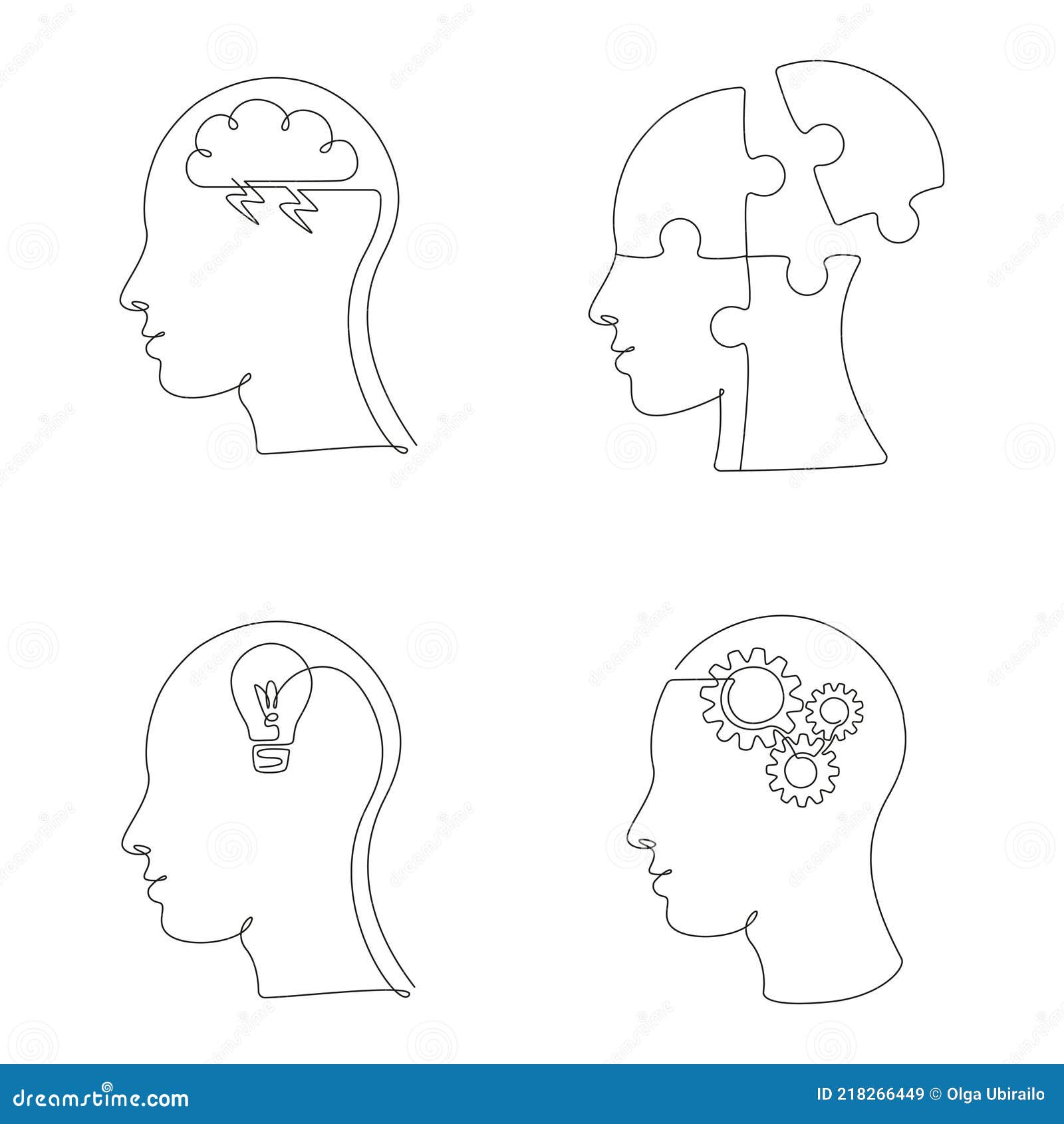 Set Of Human Head With Mental State And Emotions In One Line Drawing ...