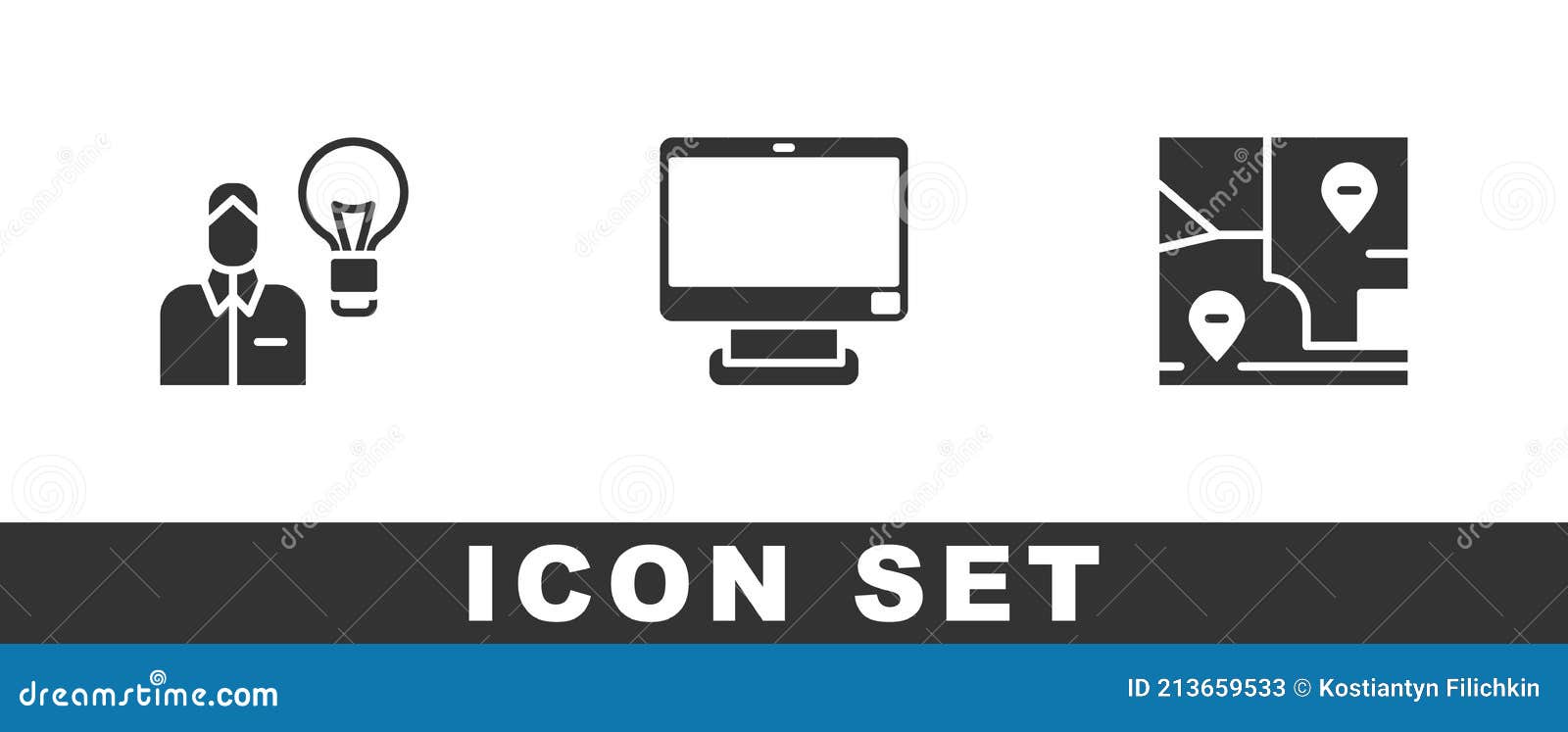 Set Human with Lamp Bulb, Computer Monitor and Folded Map Location Icon ...