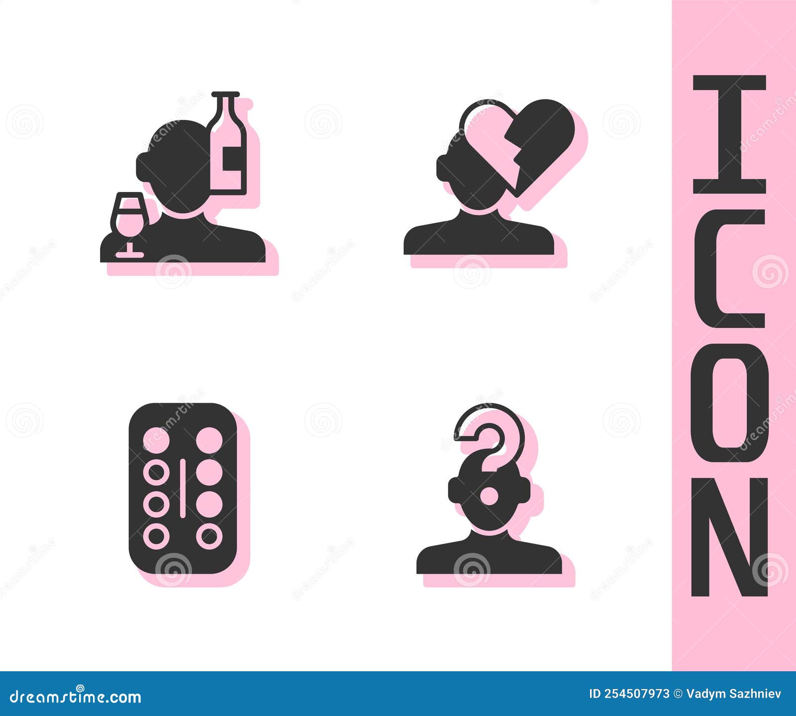 Set Human with Question Mark, Alcoholism, Sedative Pills and Broken ...