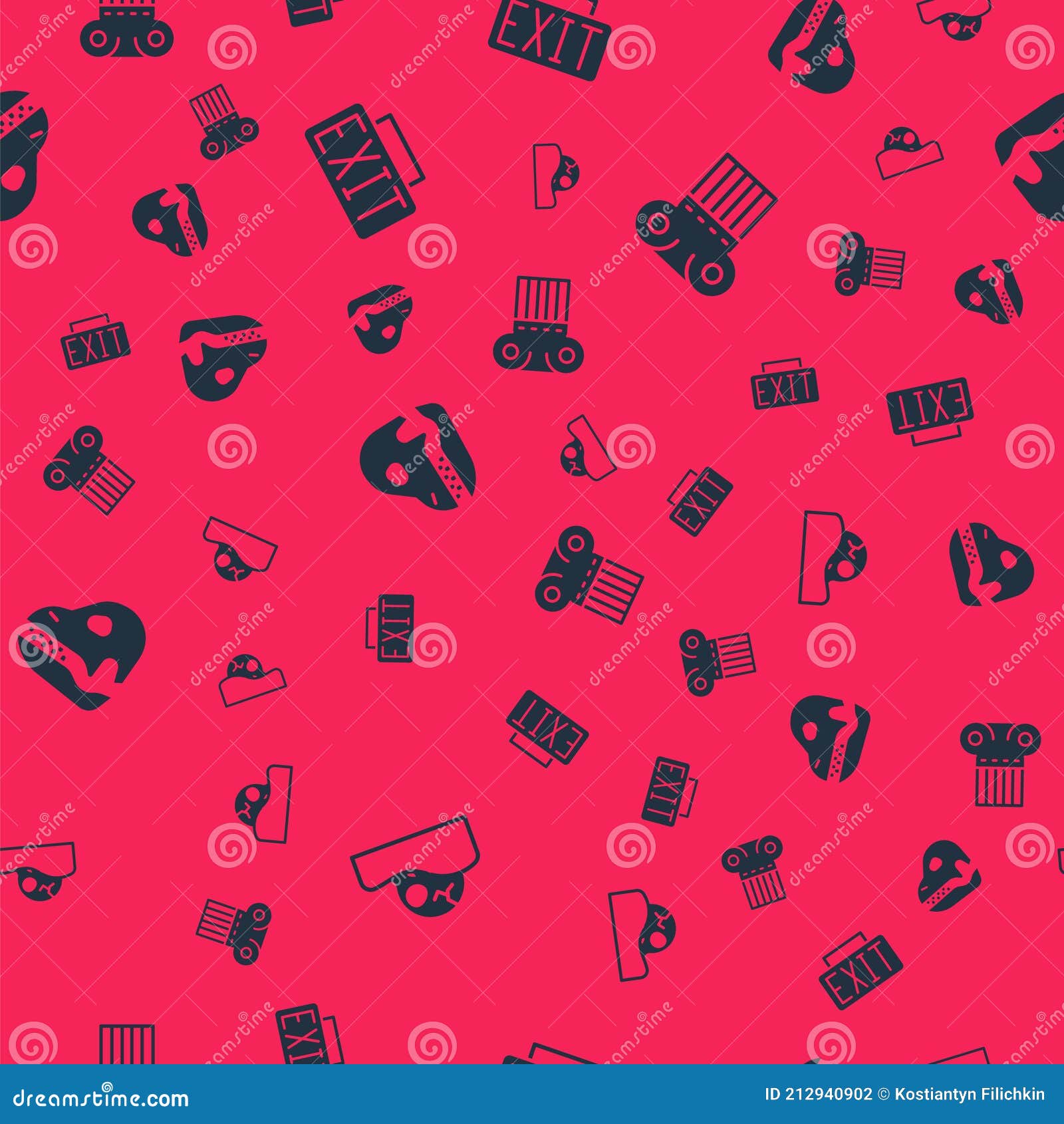 Set Human Skull, Exit Sign, Dinosaur and Ancient Column on Seamless ...