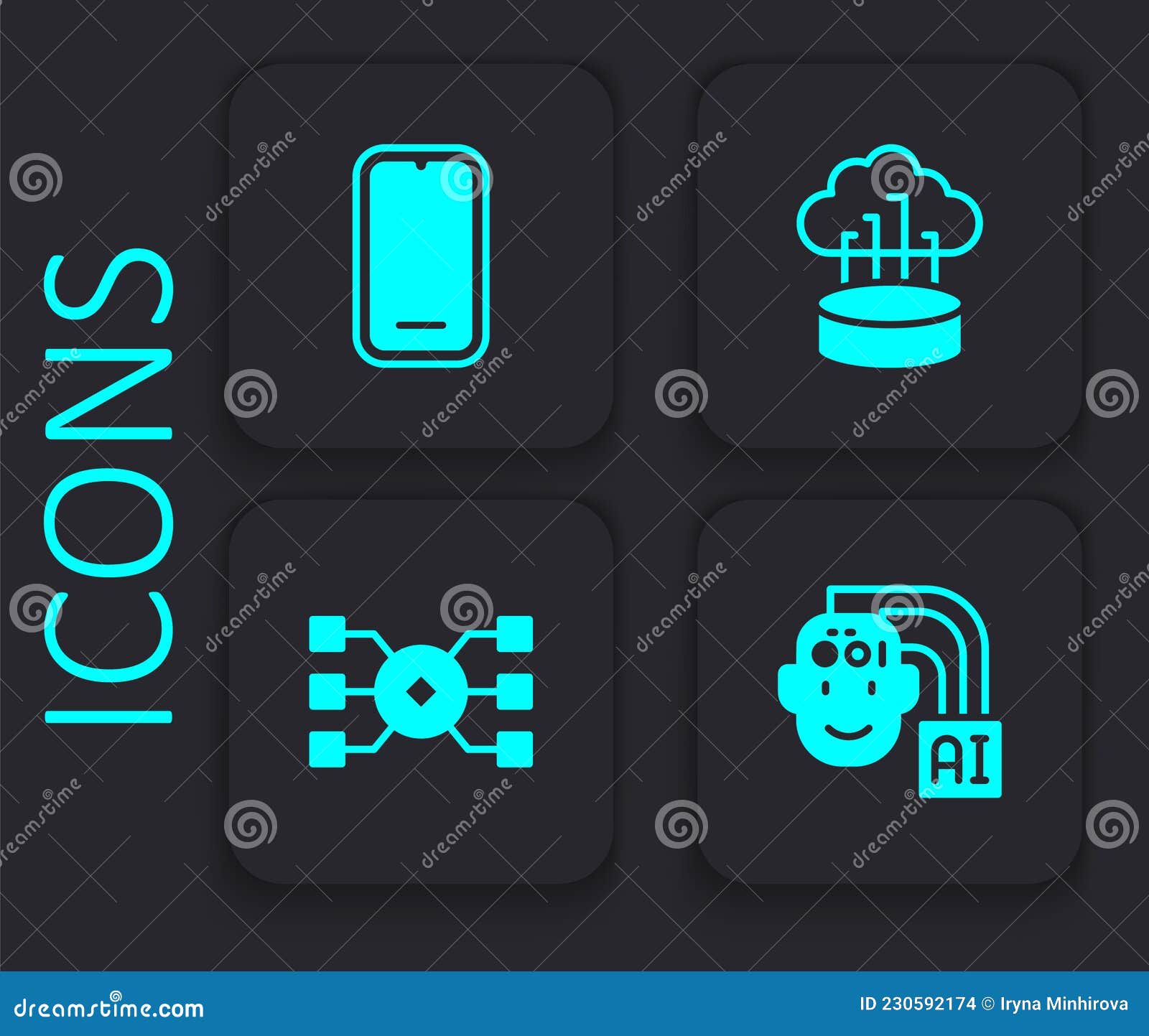 Set Humanoid Robot, Mobile Phone, Network Cloud Connection and Neural Network Icon. Black Square ...