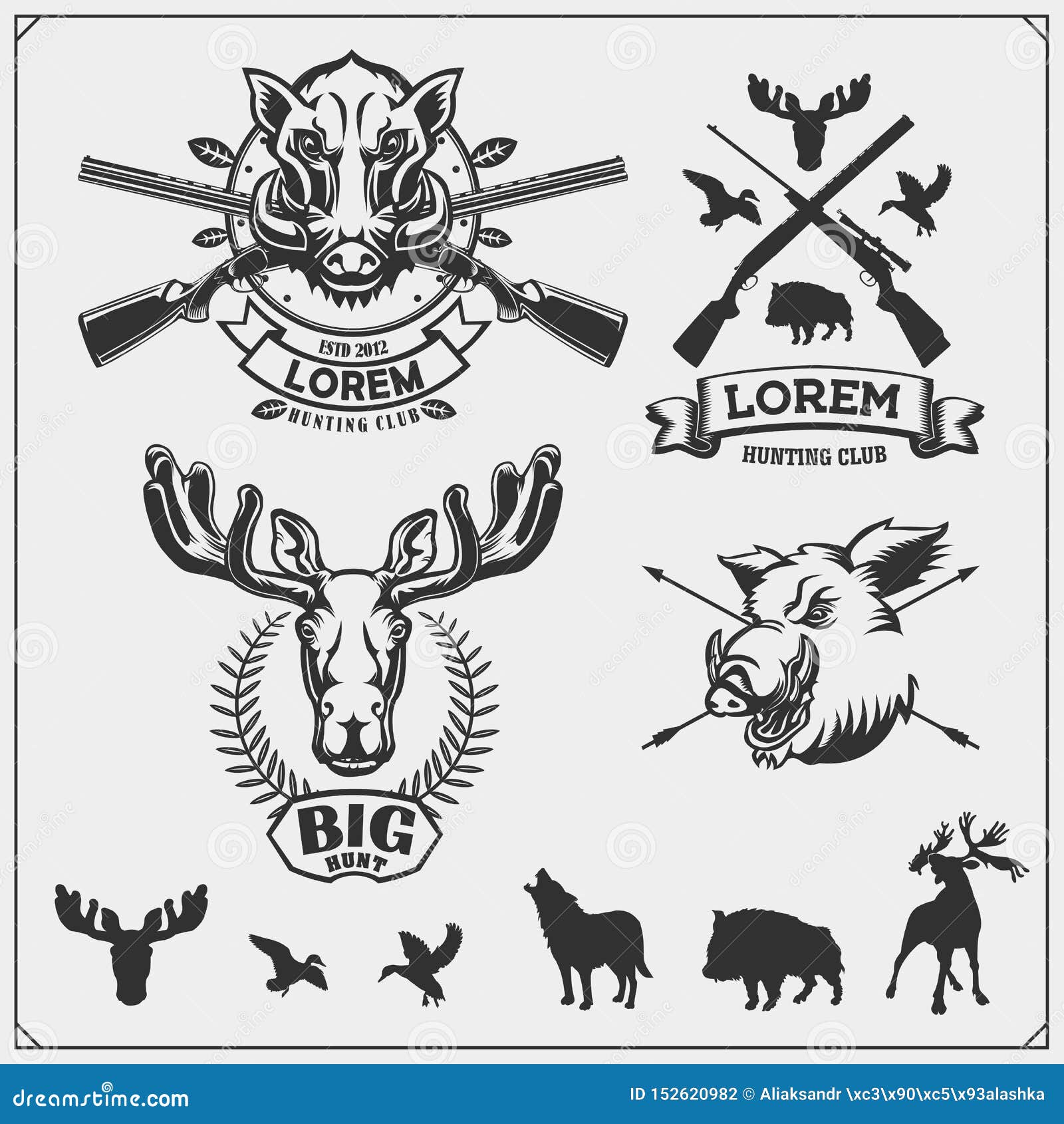 Set of Hunting Emblems, Labels and Design Elements. Duck, Moose, Wild ...