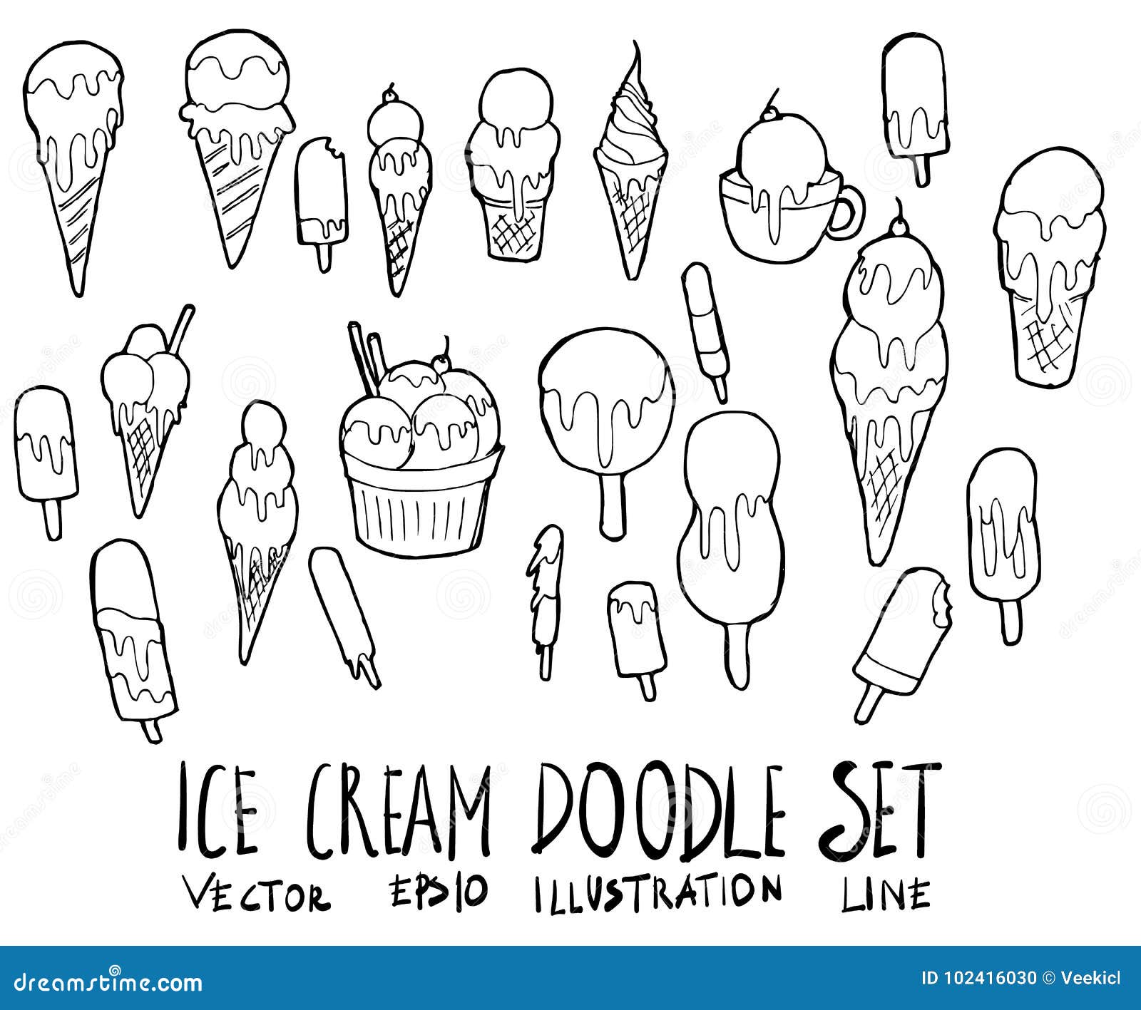 Set Of Ice Cream Illustration Hand Drawn Doodle Sketch Line Vector
