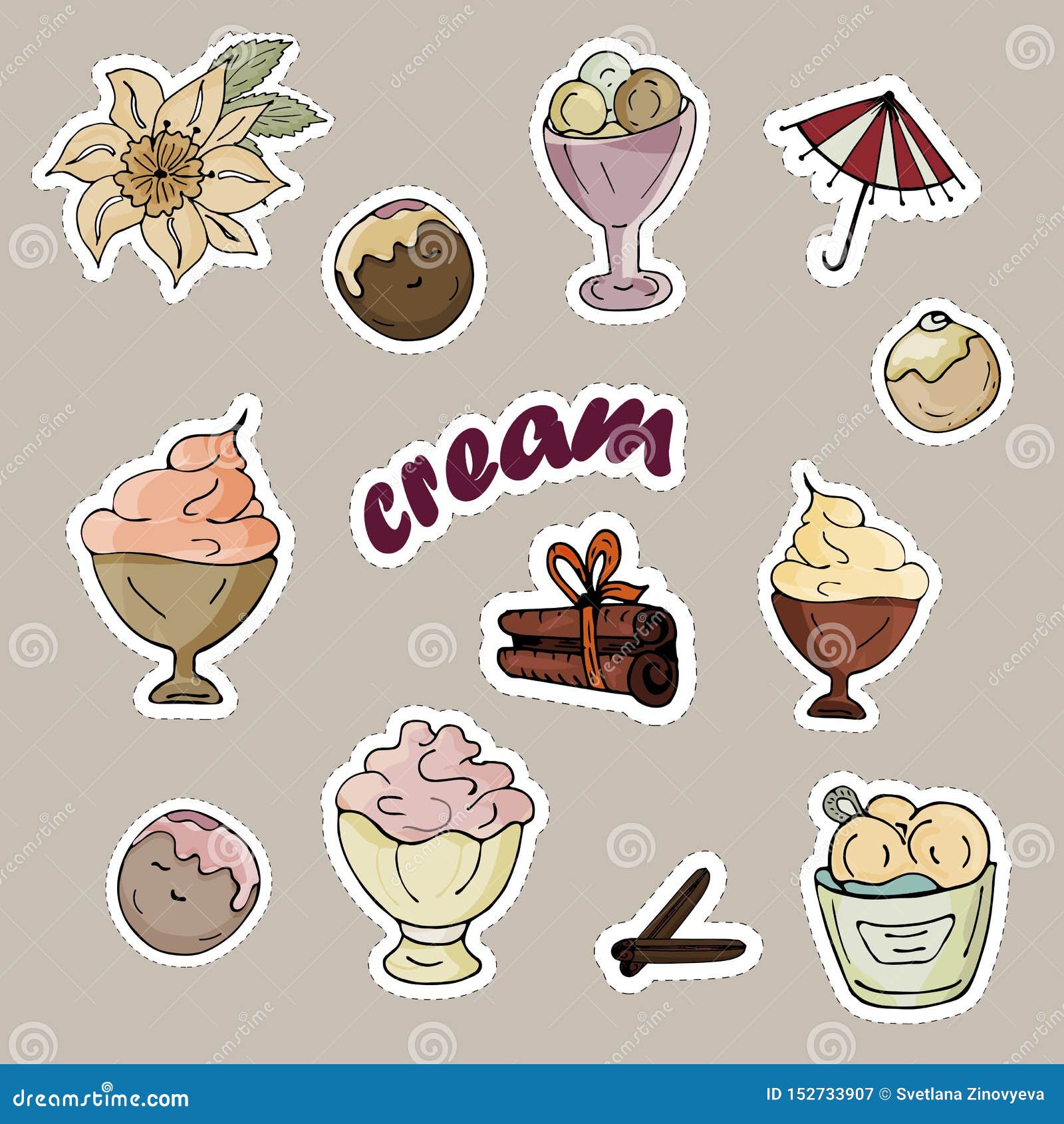 Set Of Ice Cream Stickers In Ice Cream Bowls Stock Illustration