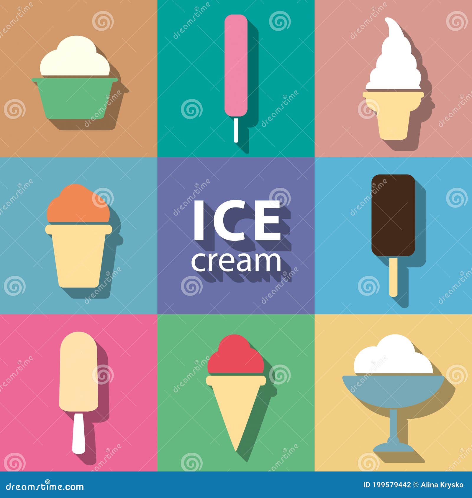 Set of Vector Flat Icons of Ice-creams and Popsicles Stock Vector - Illustration of icecream ...