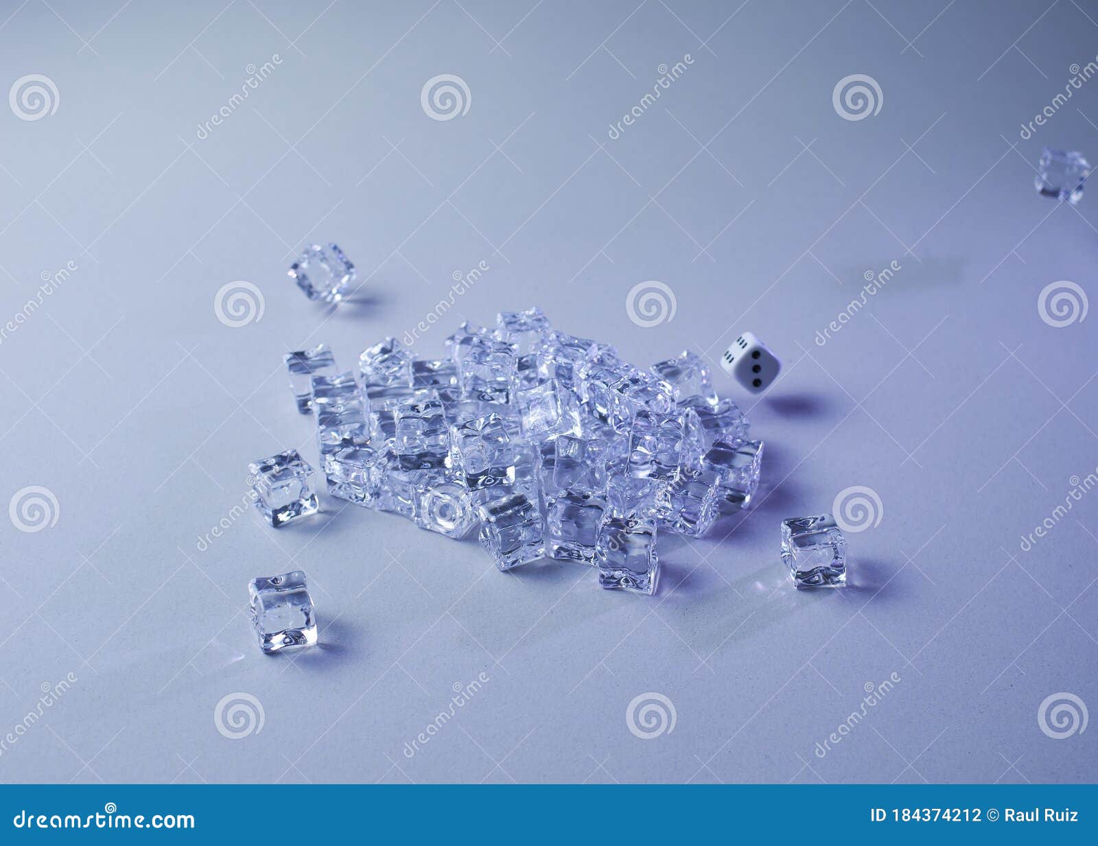 Set of Ice Cubes and Dice Falling on Them Stock Photo - Image of object ...