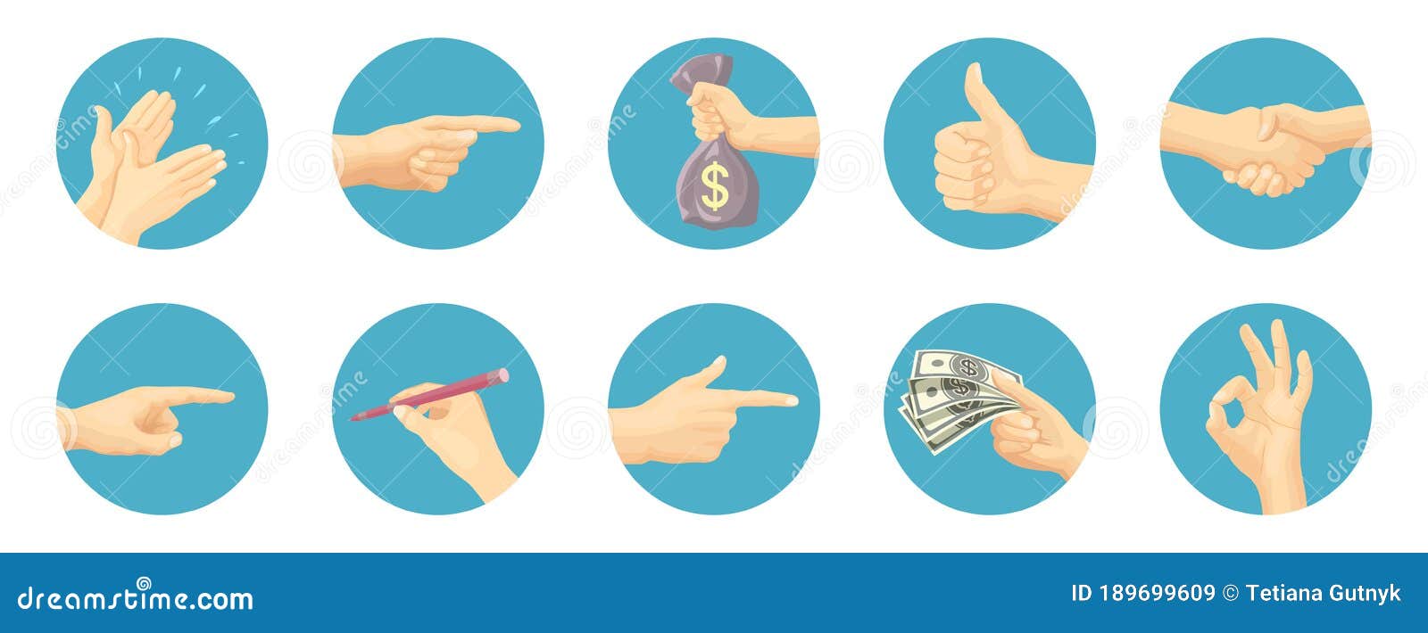 Set of Icon Hands in Different Gestures Emotions and Signs in Flat ...