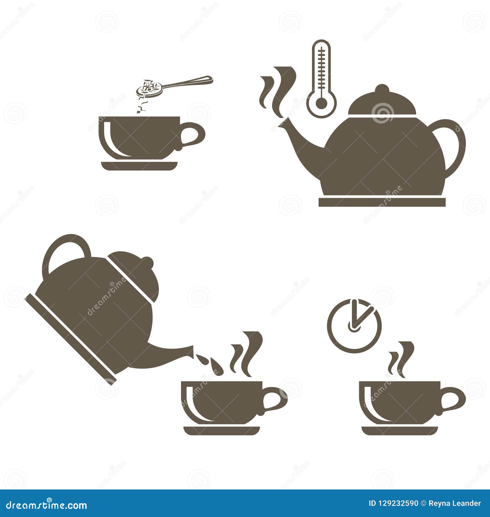 A Set of Icons for Brewing Tea in a Cup that Includes a Boiling Kettle ...