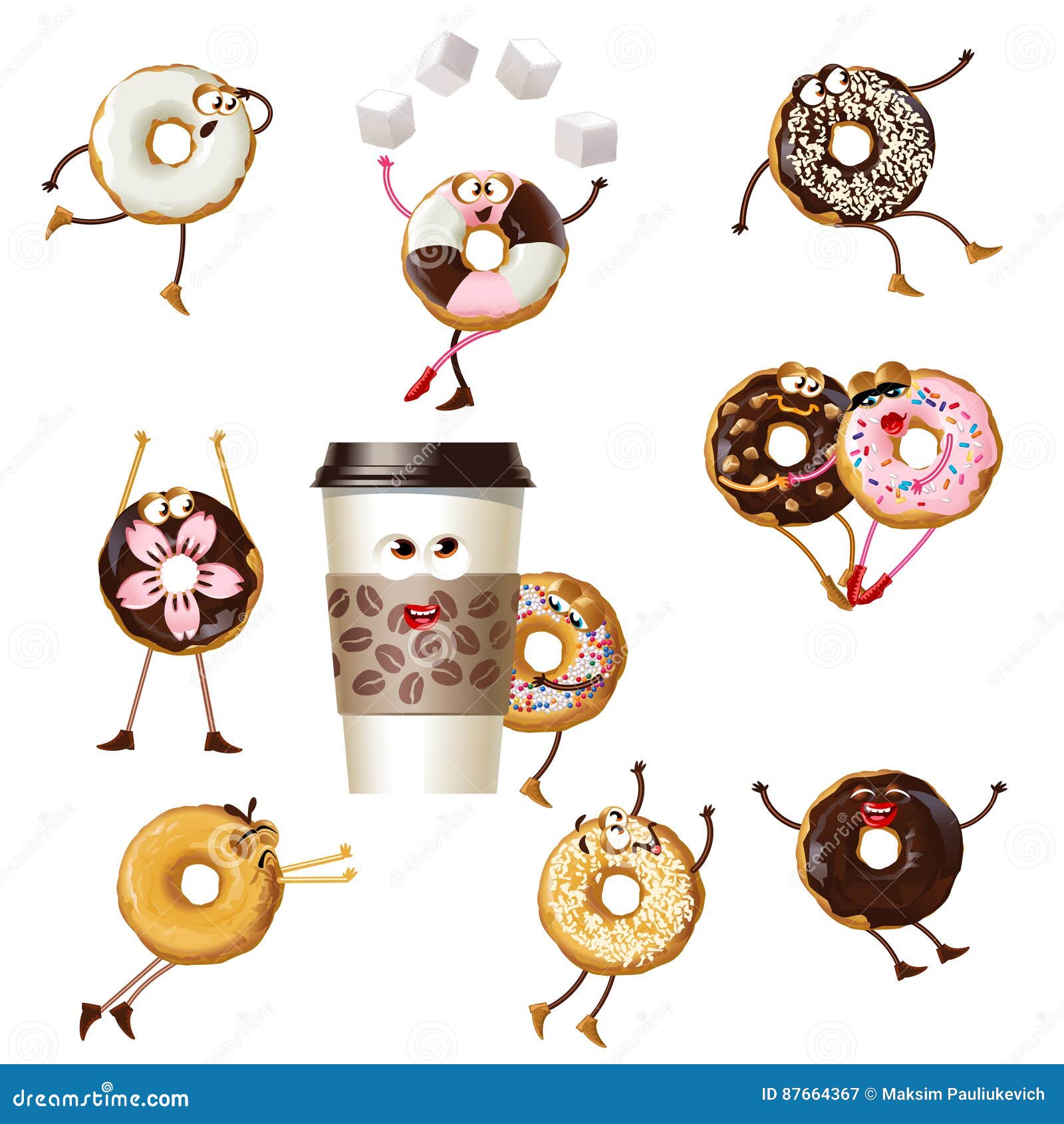 Set Icons Cartoon Characters Donuts Stock Vector - Illustration of ...