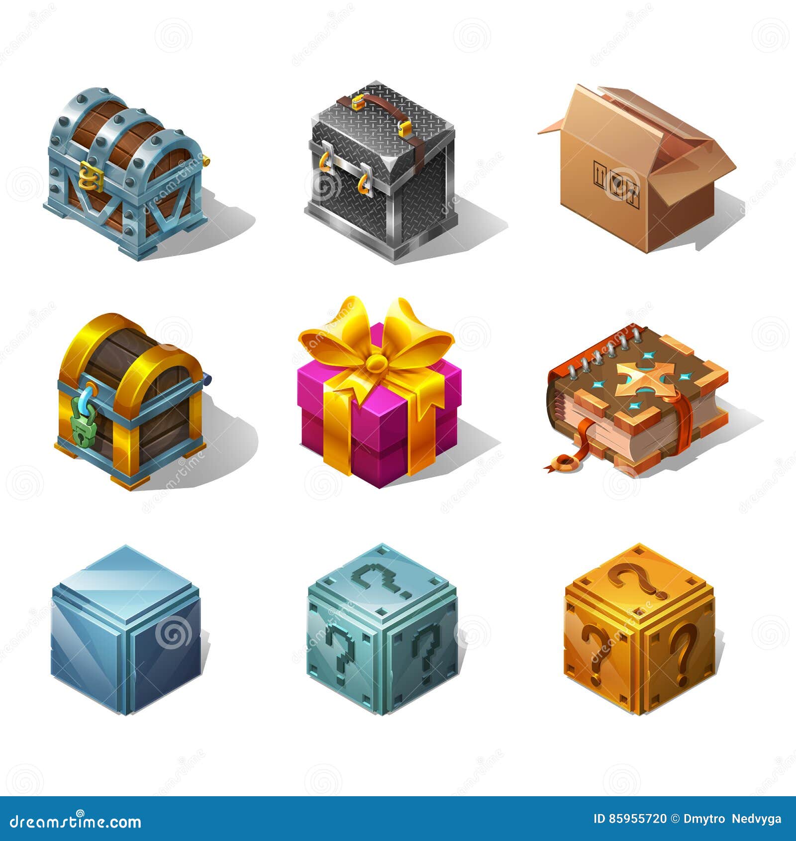 Set of Icons Cartoon Isometric Boxes and Objects for Game. Vector ...