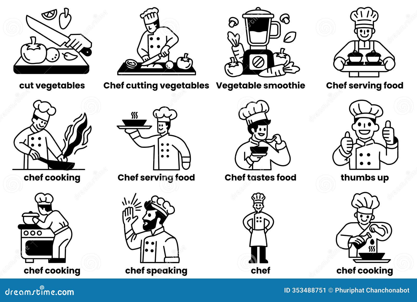 Set of Icons in the Concept of Chefs in Various Poses in Line Drawing ...