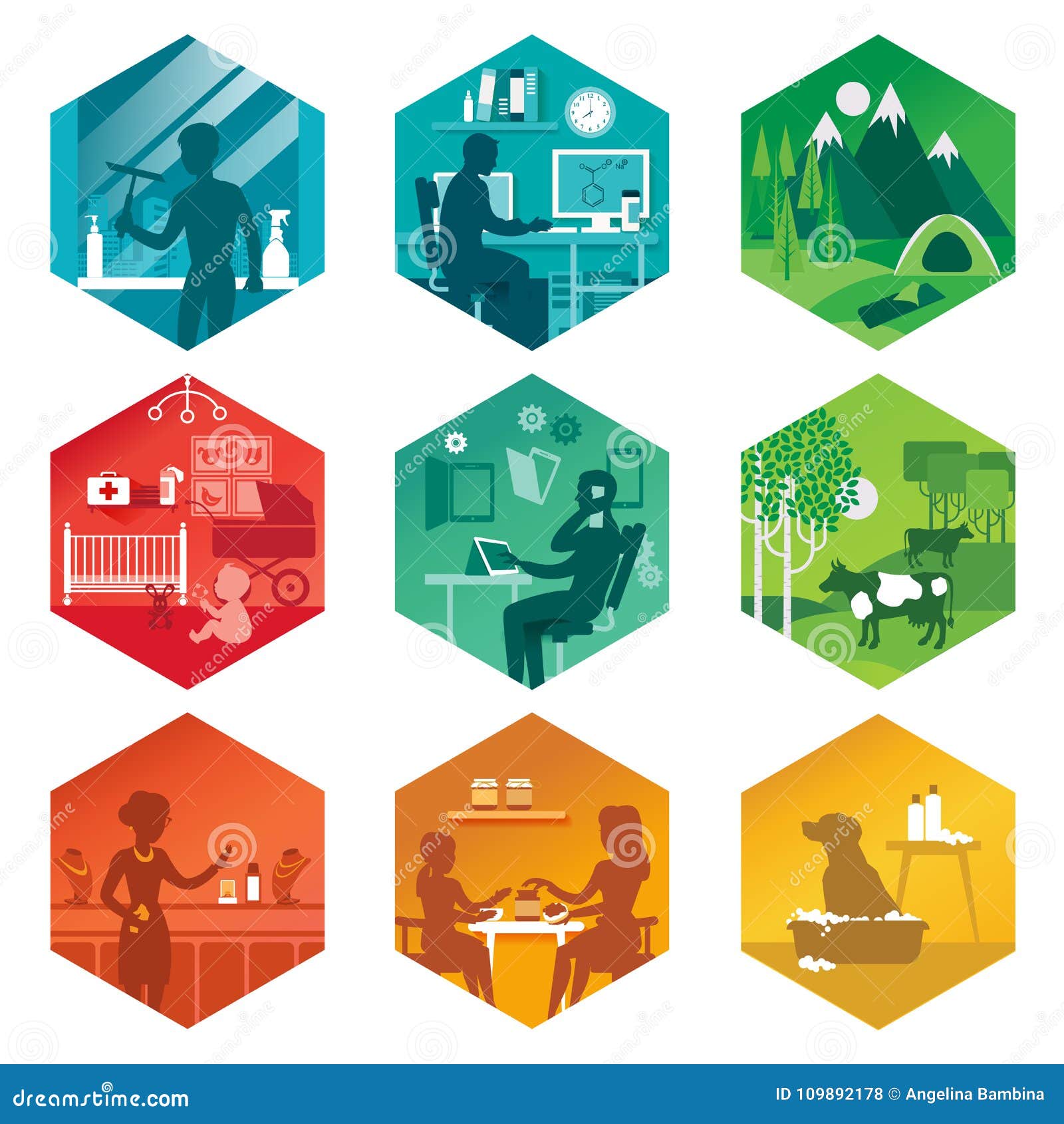 A Set of Icons with Different Everyday Scenes. Vector Illustration ...