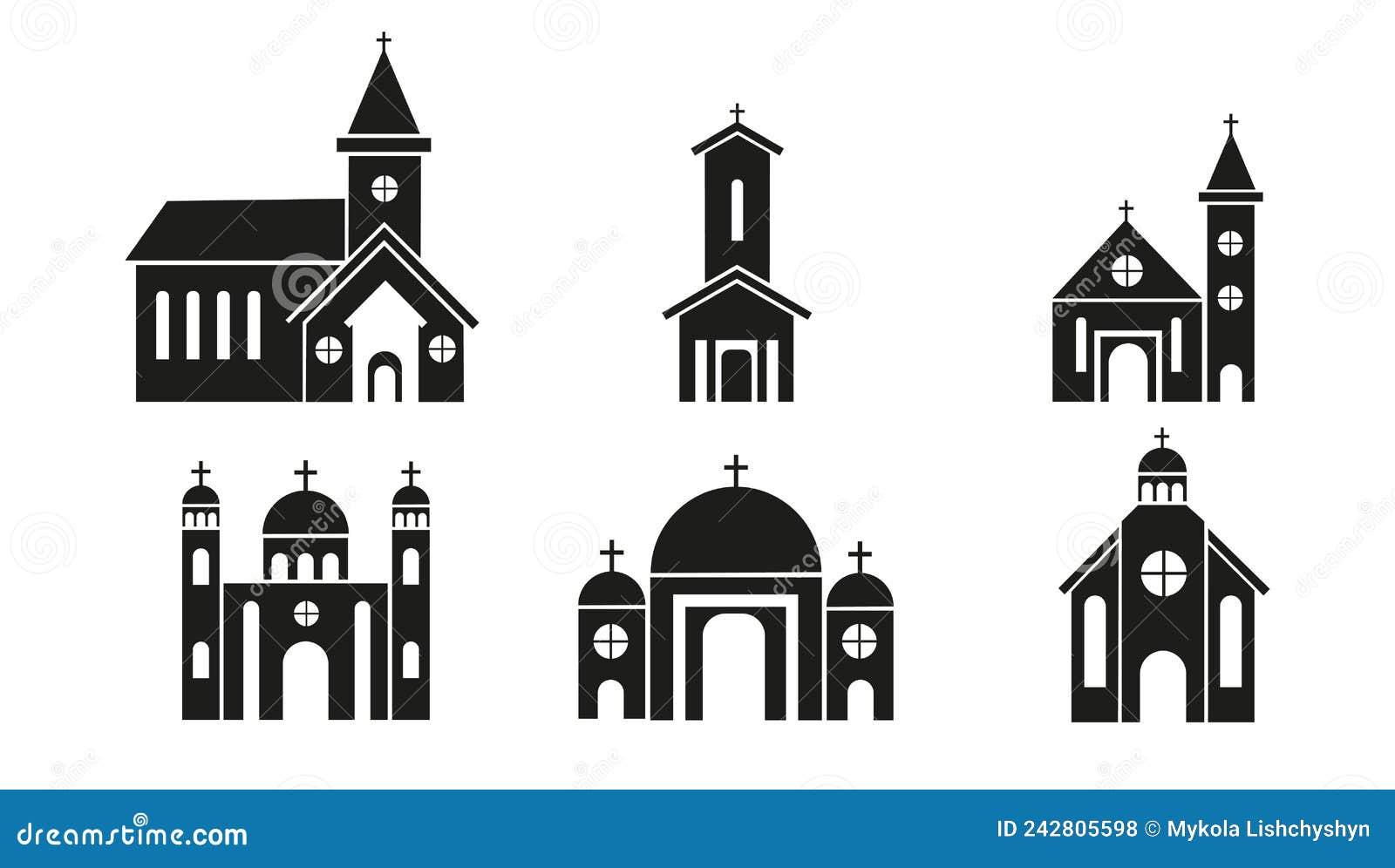 Set of Different Types of Catholic Churchs White Background. Vector ...