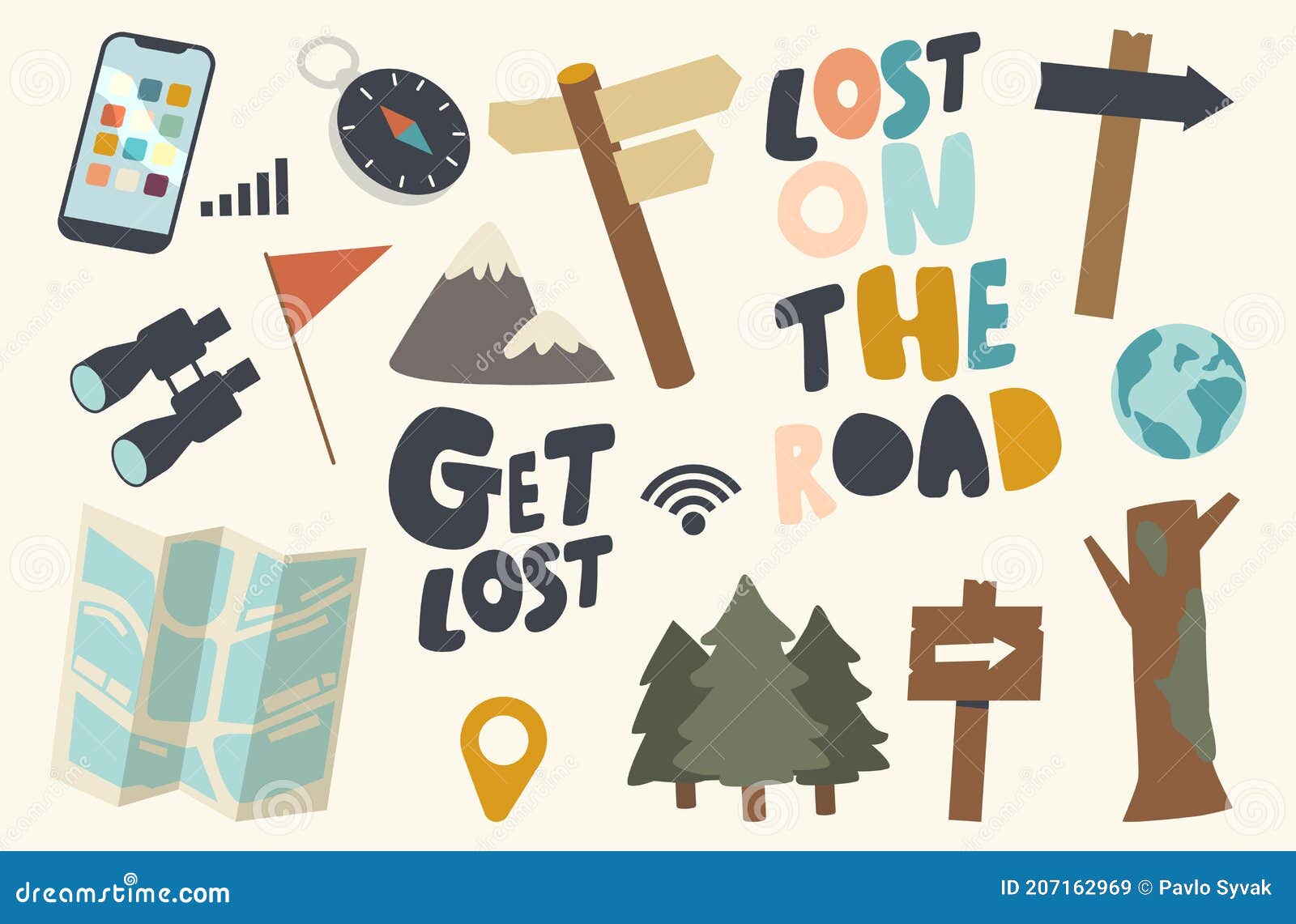 Set Icons Get Lost in Forest or Road Theme. Pointer, Compass and ...