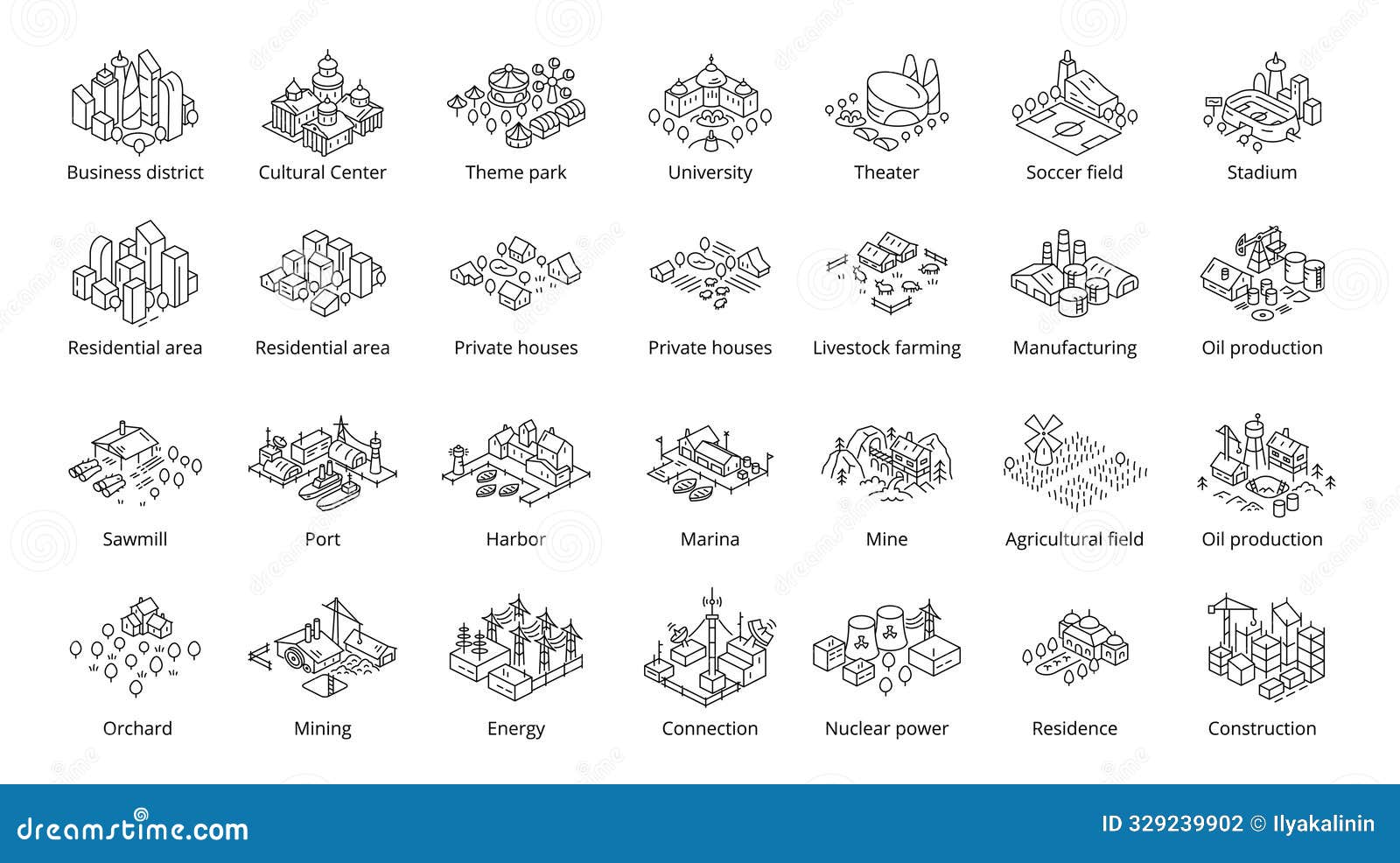 Set Of Icons With Isometric City Districts. Line Style. Vector Editable ...