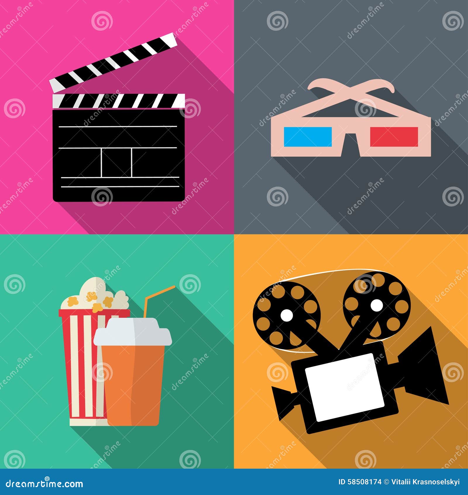 Set Icons Movies in a Flat Style Stock Vector - Illustration of design ...