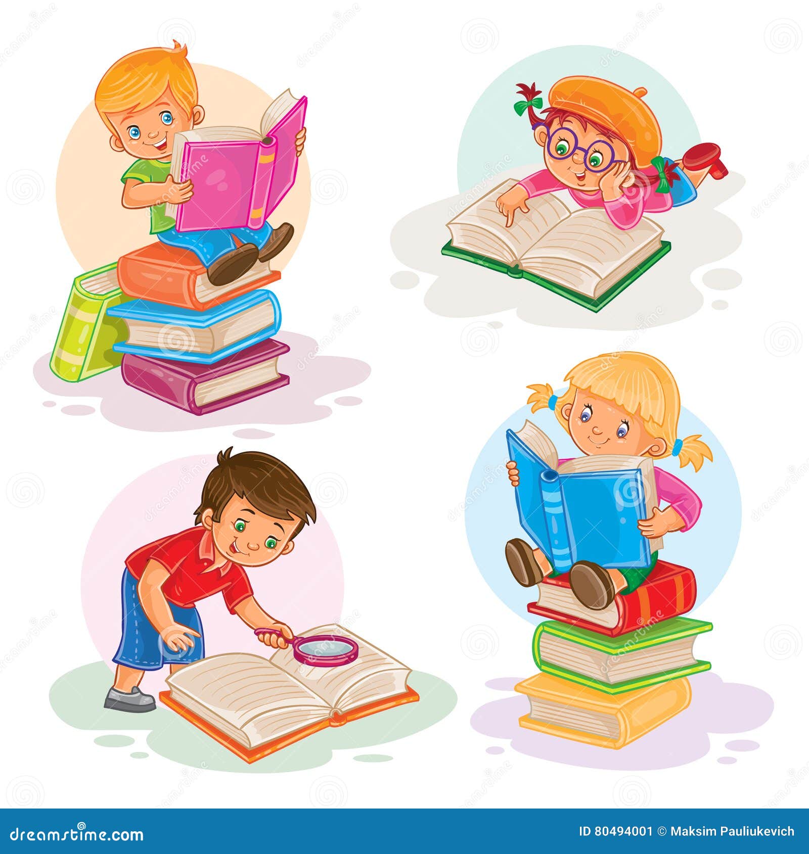 Set Icons of Small Children Reading a Book Stock Vector - Illustration ...