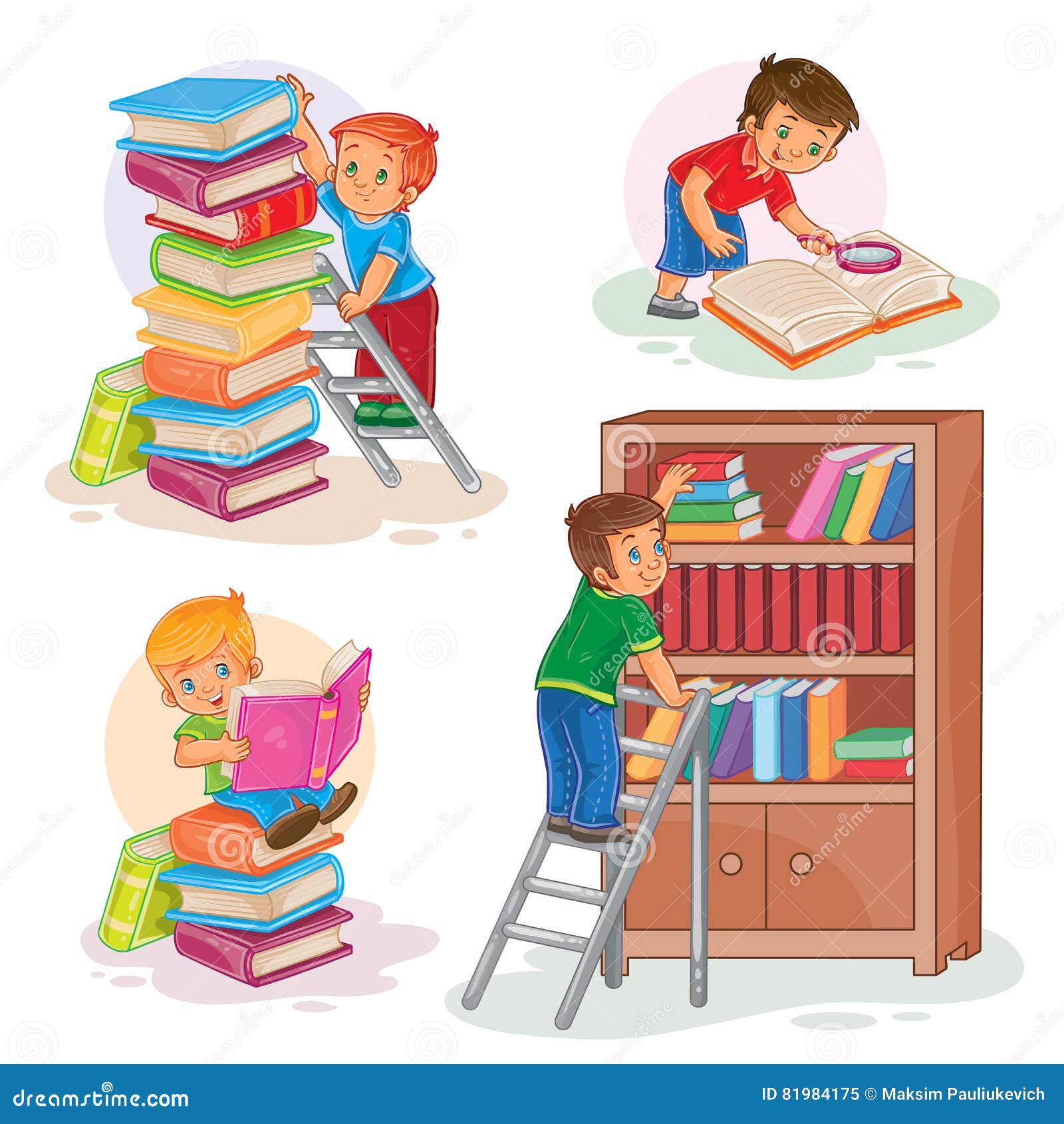 Set Icons of Small Children Reading a Book Stock Vector - Illustration ...