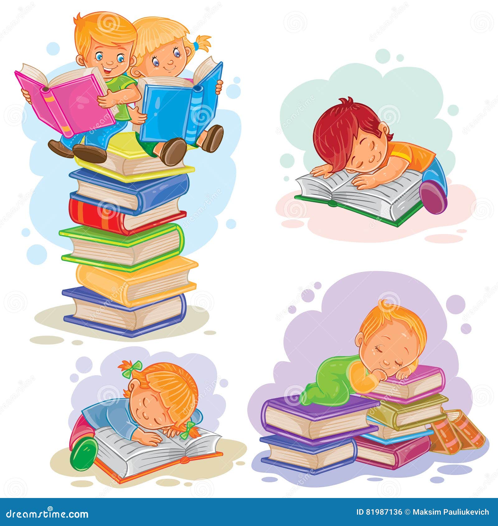 Set Icons of Small Children Reading a Book Stock Vector - Illustration ...