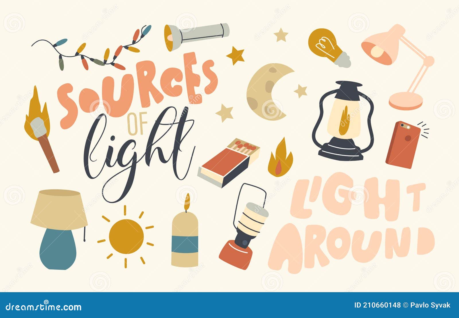 Set of Icons Sources of Light Theme. Sun Shining, Torch and Burning ...