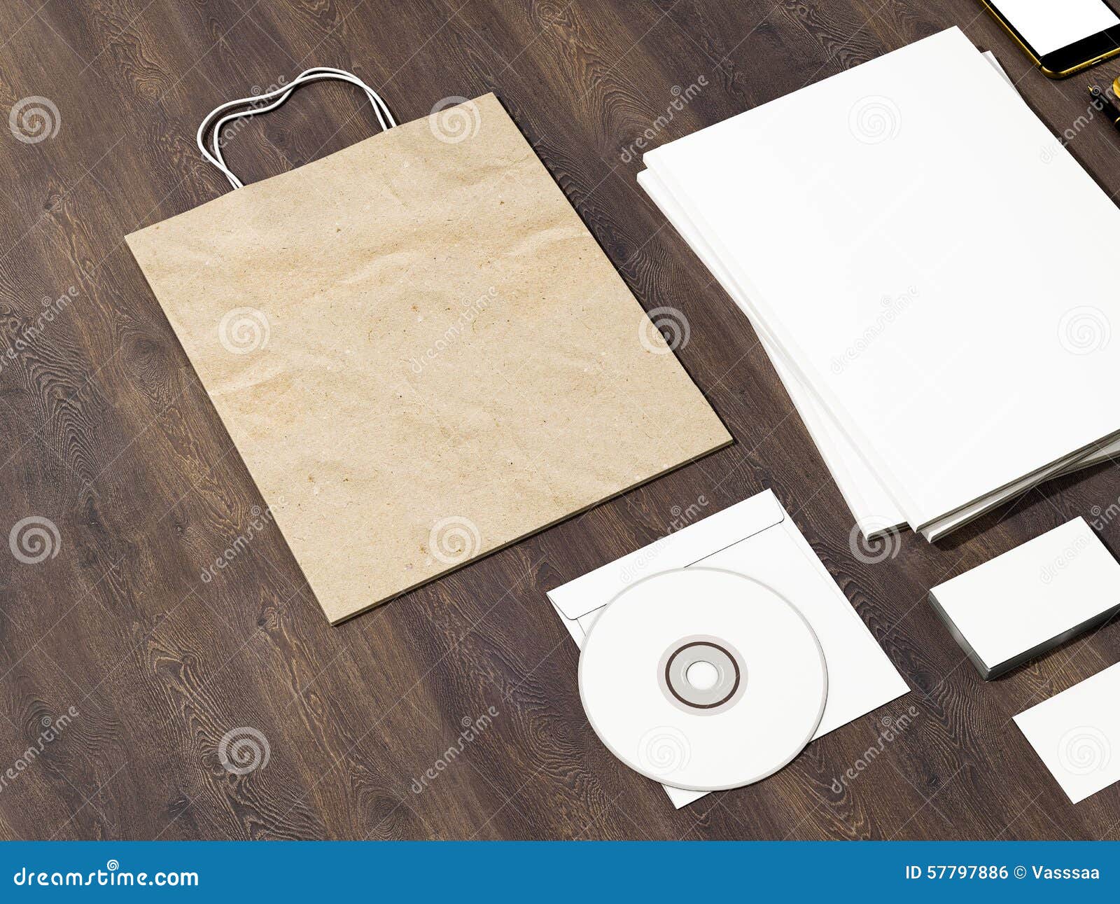 Set of Identity Elements and Blank Magazine Mockup on Vintage Wooden ...