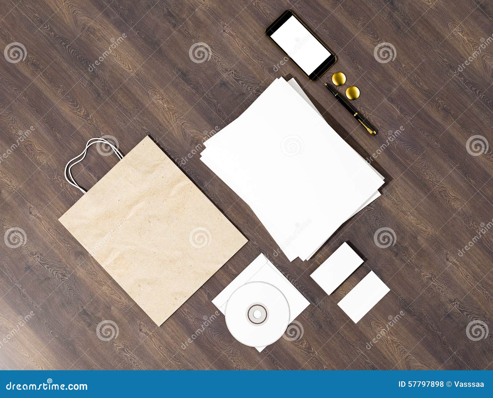 Set of Identity Elements and Blank Magazine Mockup on Vintage Wooden ...