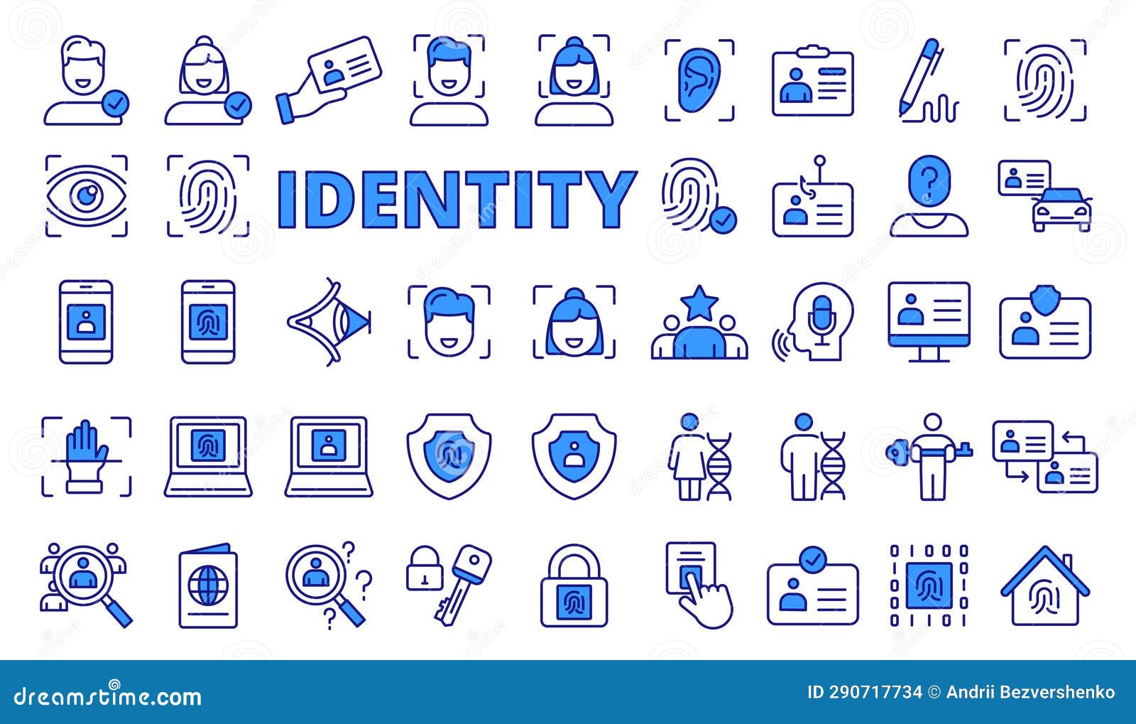 Set of Identity Icons in Line Design Blue. Identification, Fingerprint ...