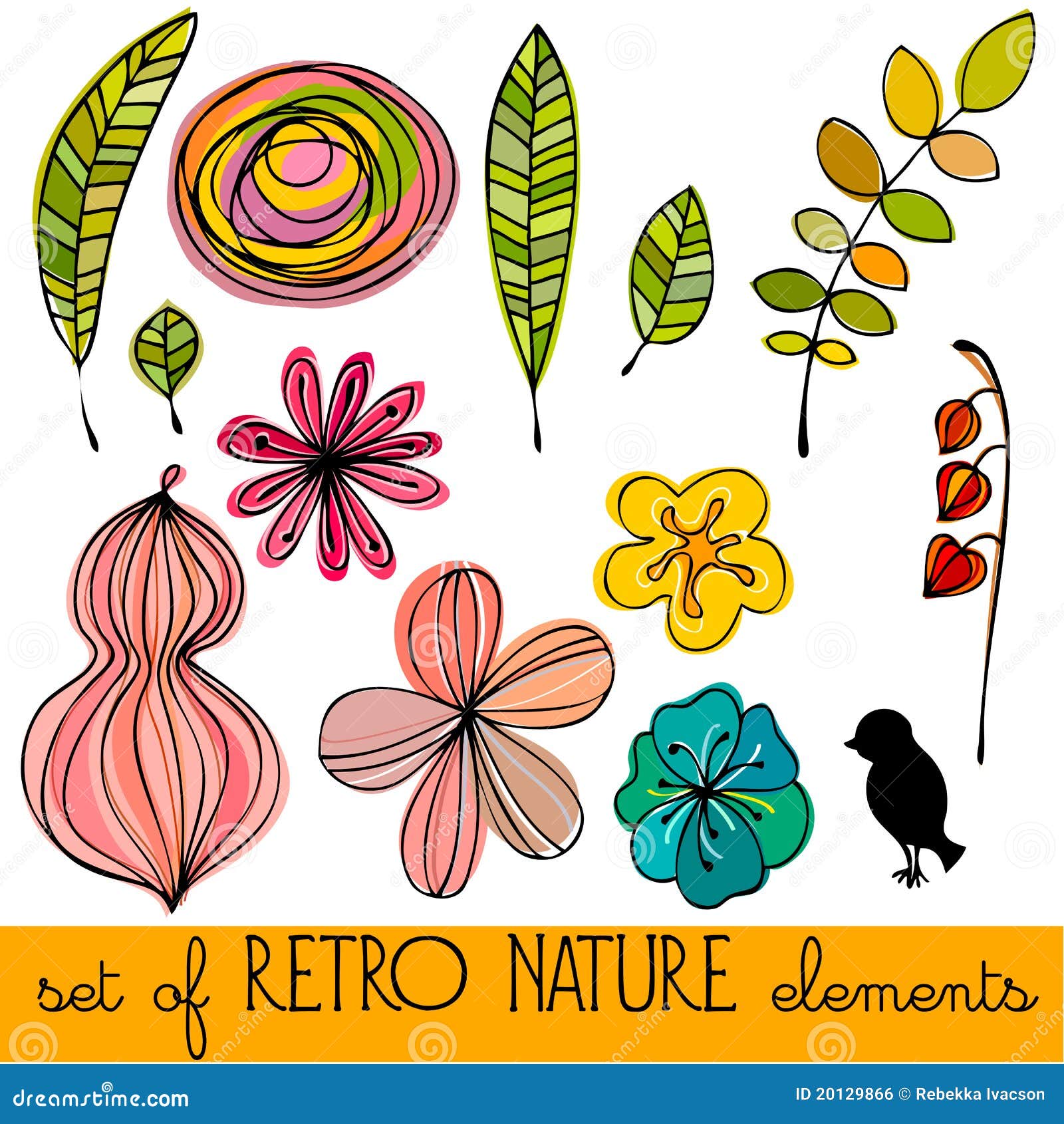 Set of Illustrated Retro Nature Elements Stock Vector - Illustration of ...
