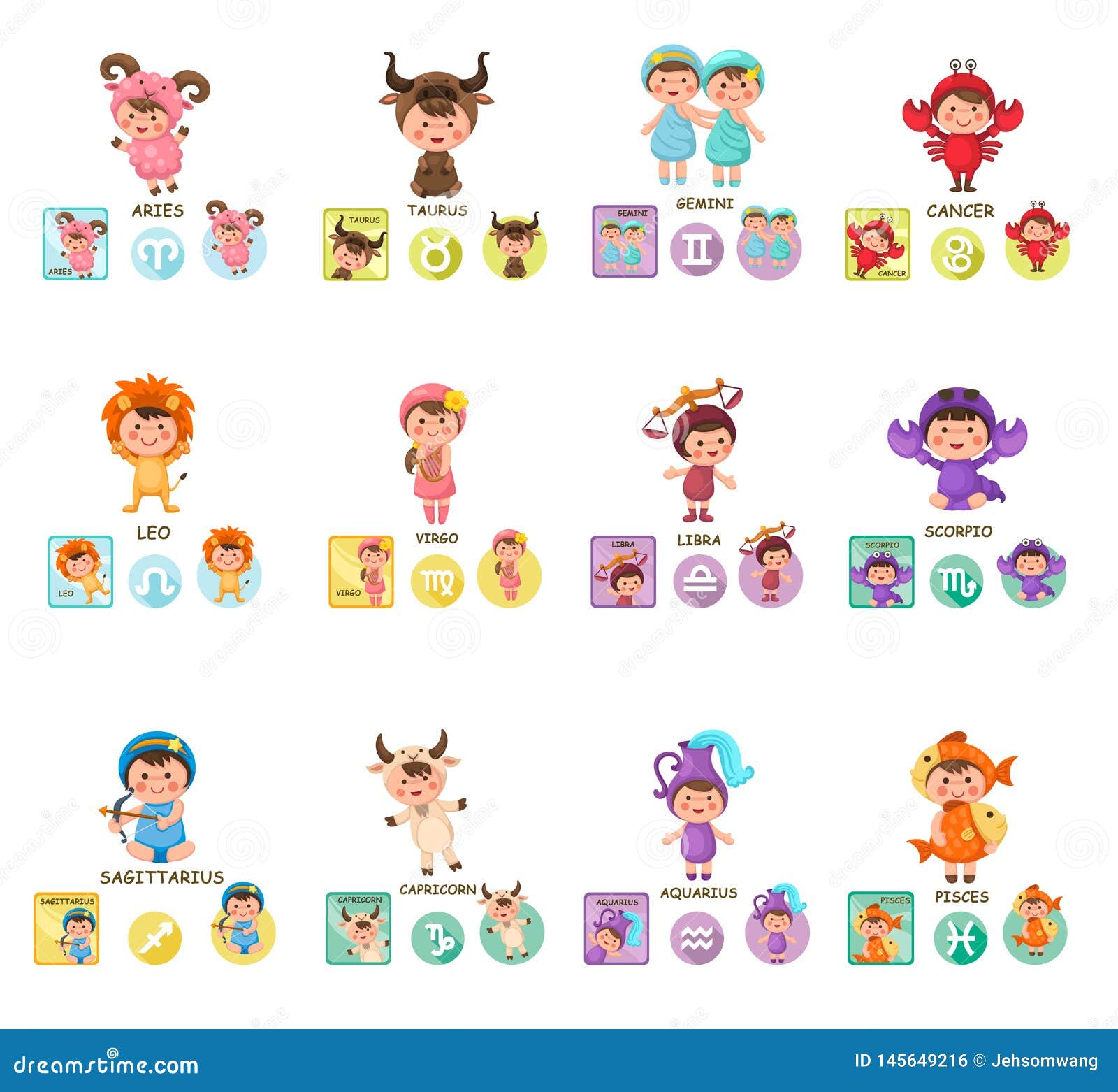 Set Illustration with Cartoon Zodiac Signs Stock Vector - Illustration ...