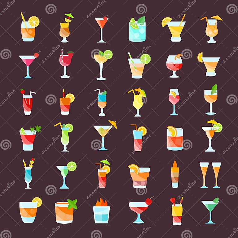 Set Vector Flat Icons of Coctails Stock Illustration - Illustration of ...