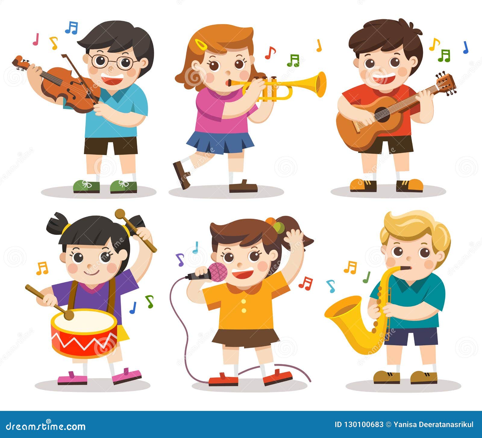 Set Illustration Of Kids Playing Musical Instruments. Cartoon Vector ...