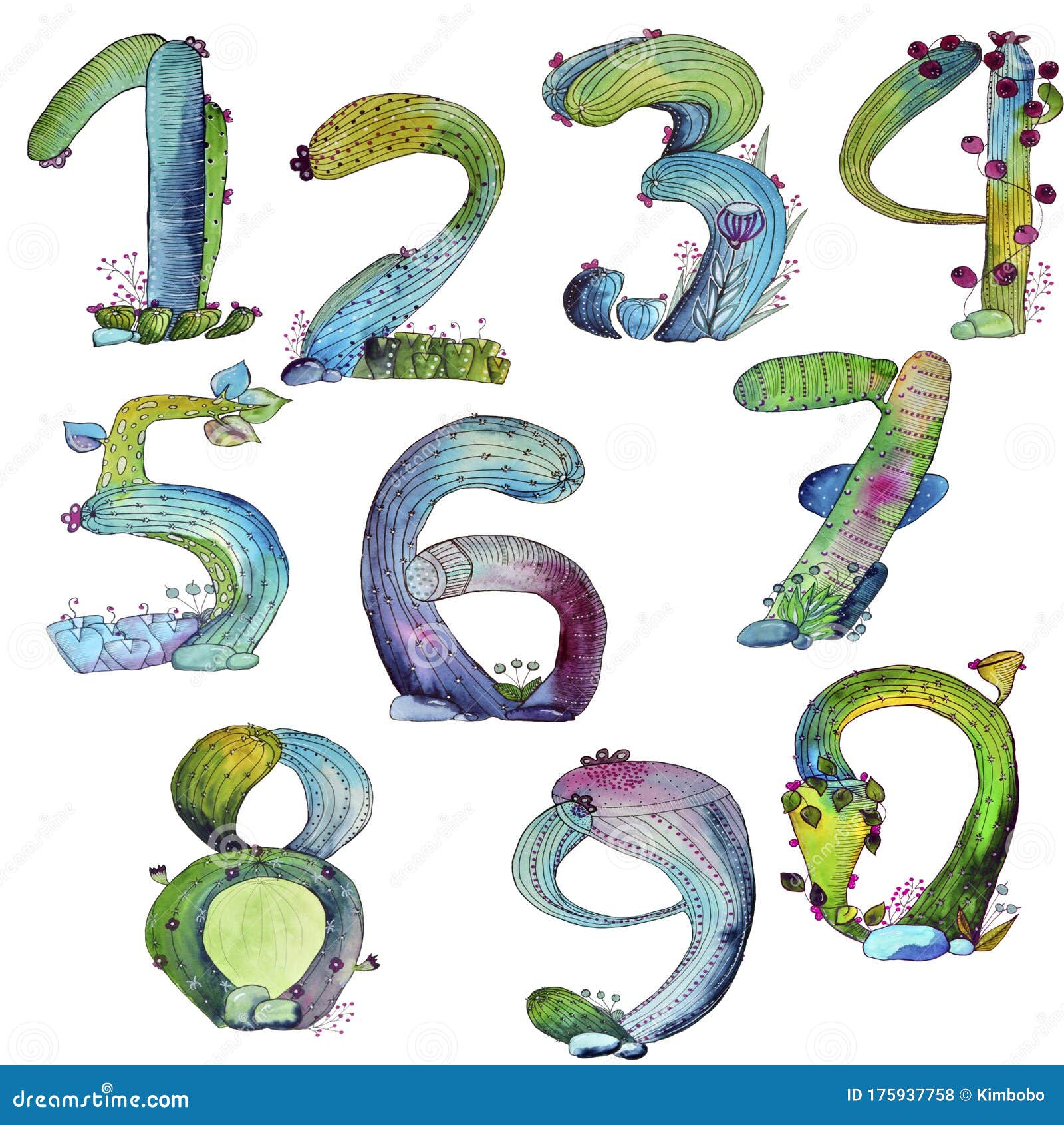 Set of Illustration of Numeric Cute Cartoon Cactus Stock Illustration ...