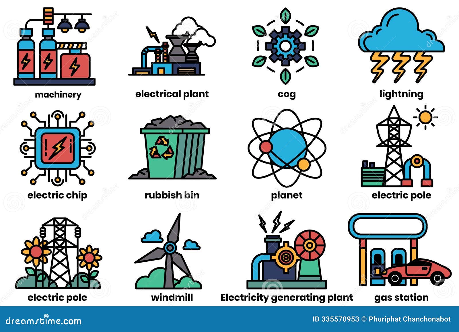 Set of Illustrations in the Concept of Renewable Energy in Line Drawing ...