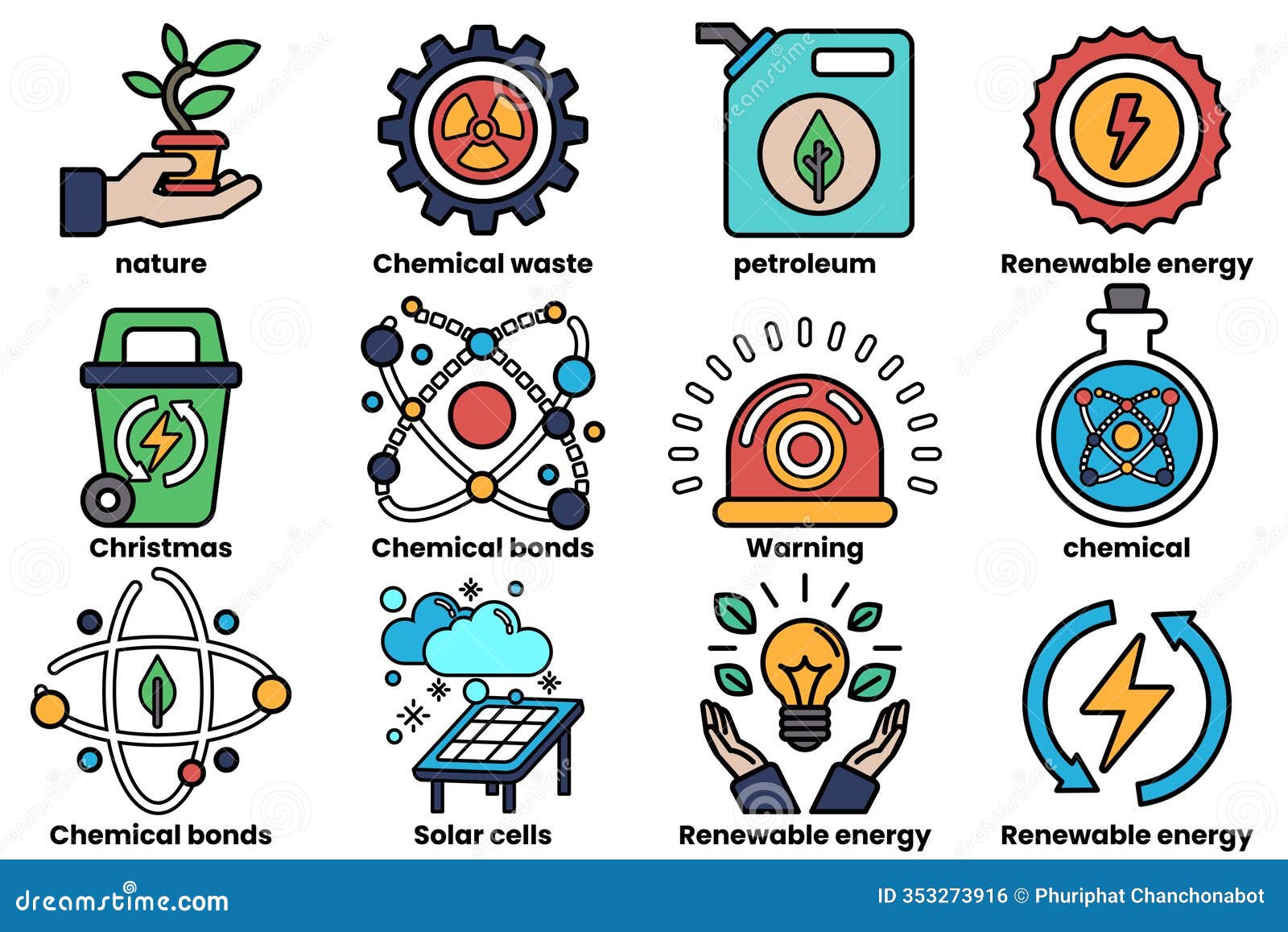 Set of Illustrations in the Concept of Renewable Energy in Line Drawing ...