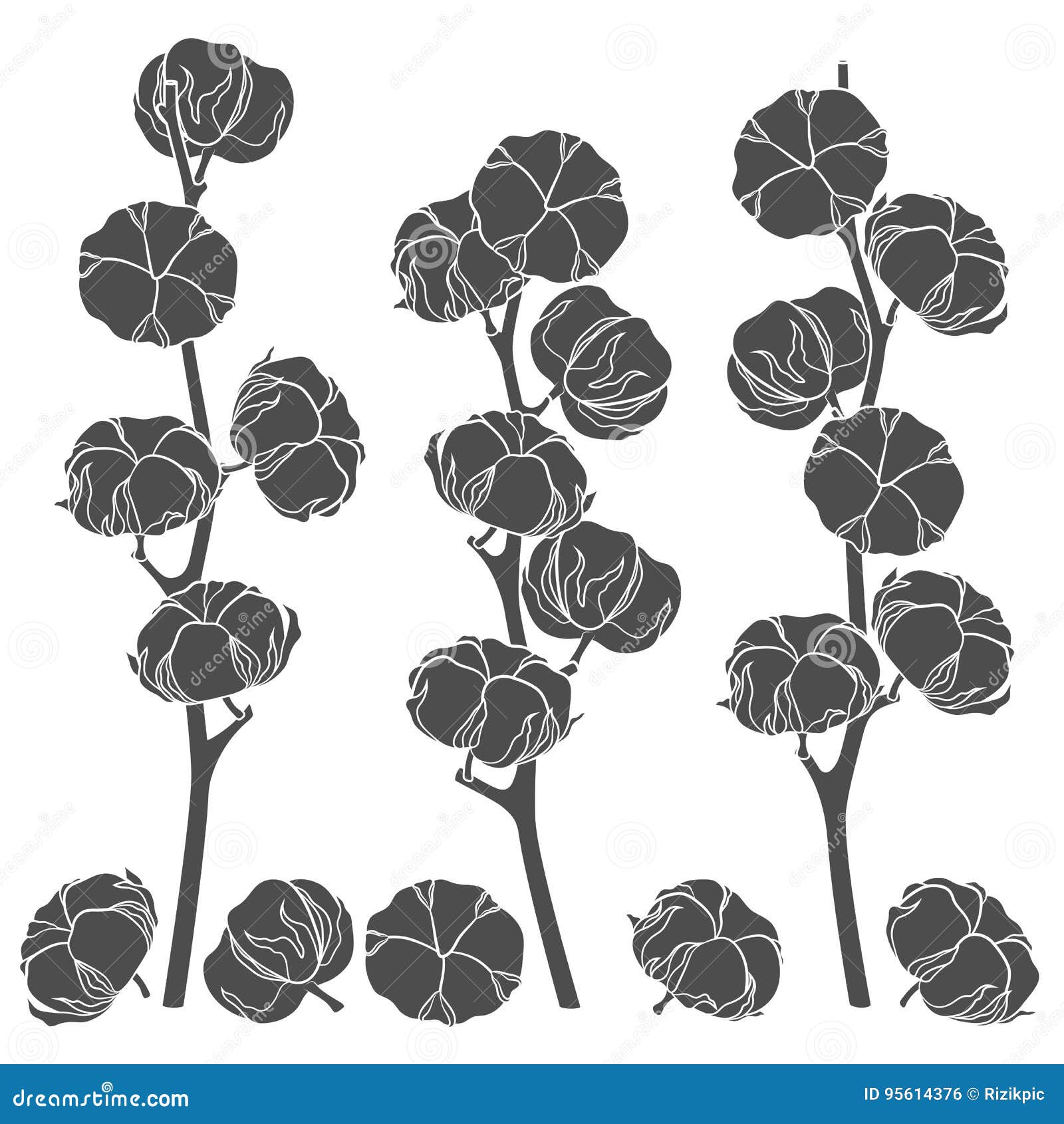 Set of Illustrations with Cotton Branches. Isolated Vector Objects ...