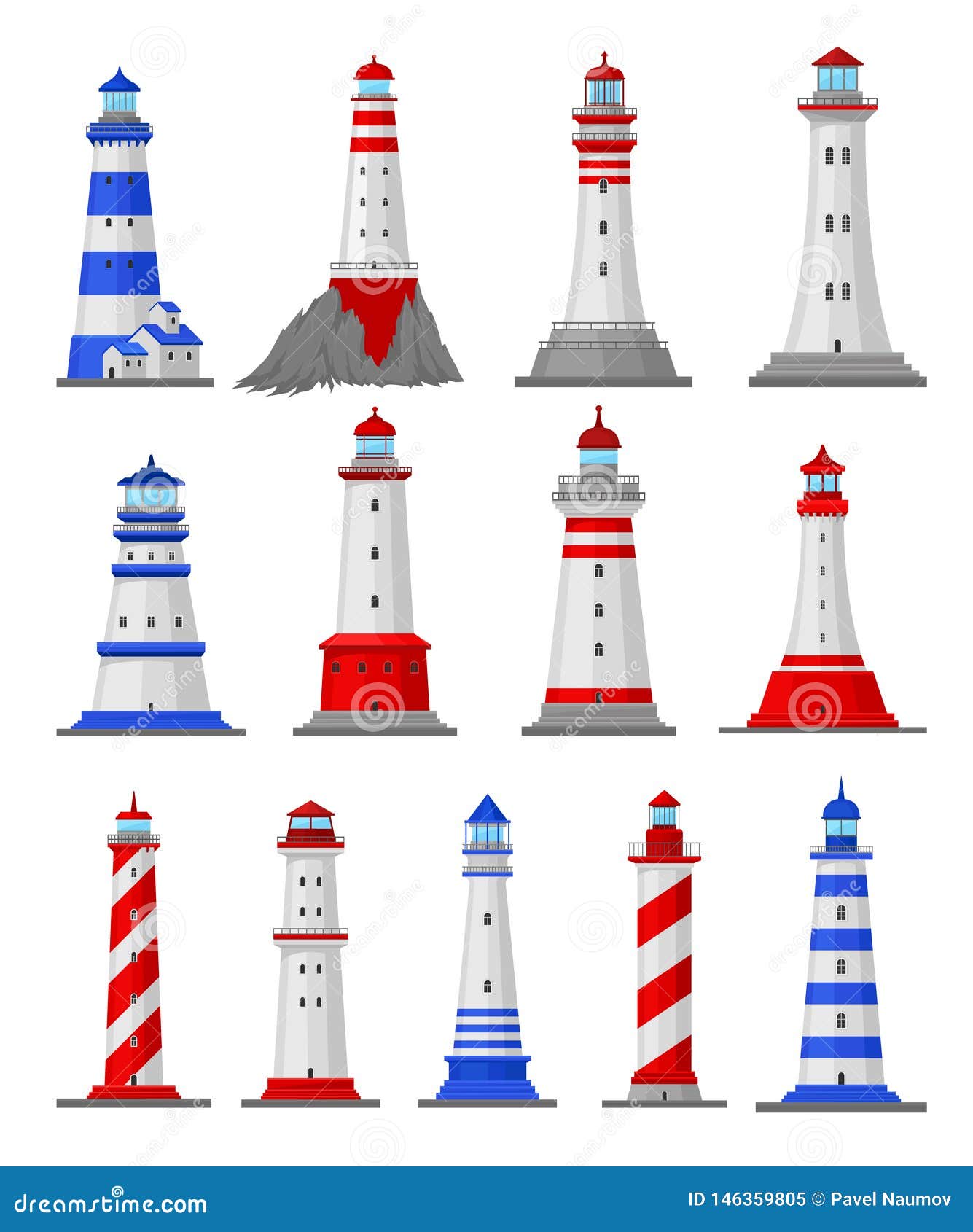 Set of Illustrations of Different Types of Lighthouses. Vector ...