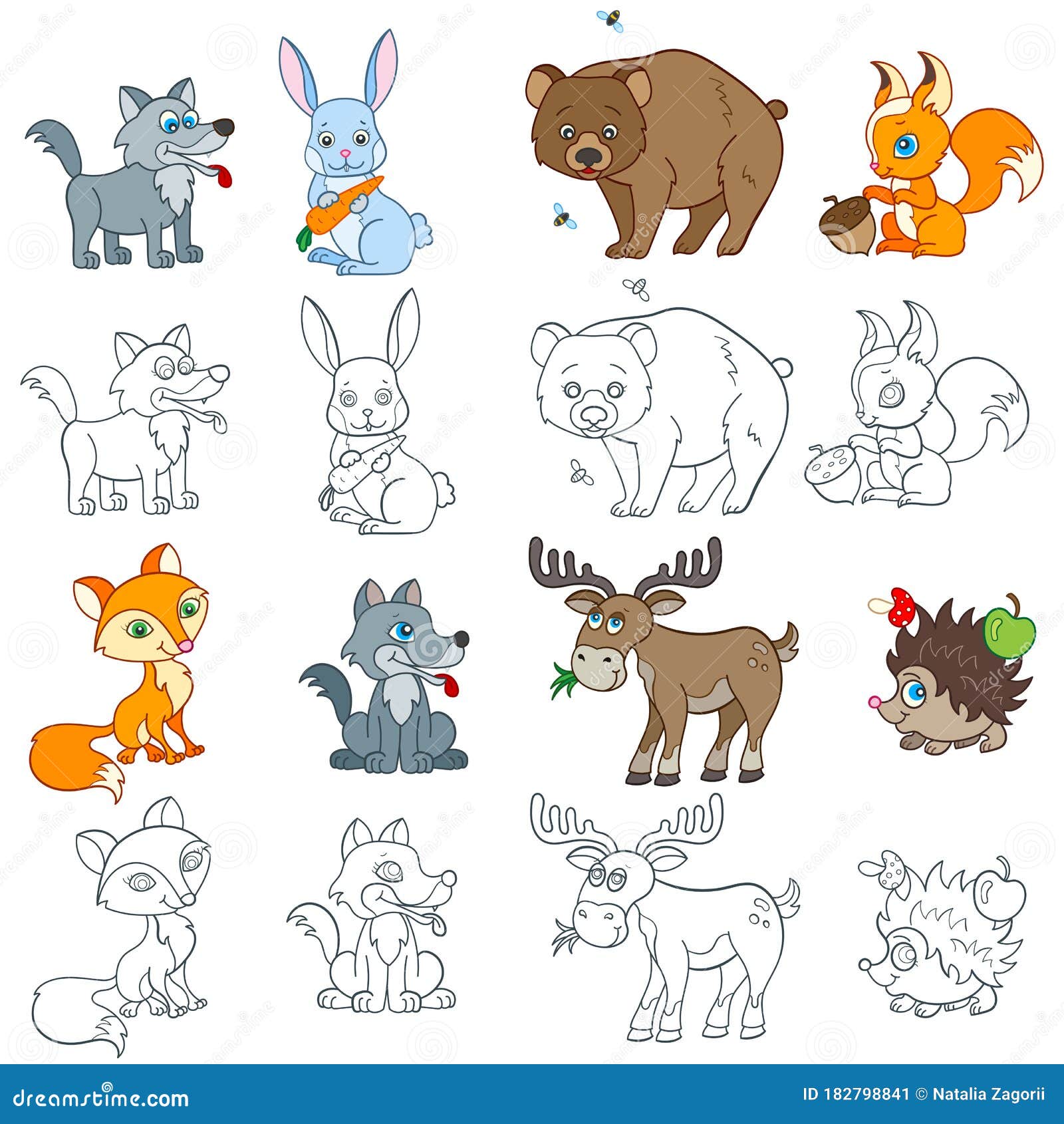 Illustration with Set of Forest Animals, Bright Animals and Contours ...