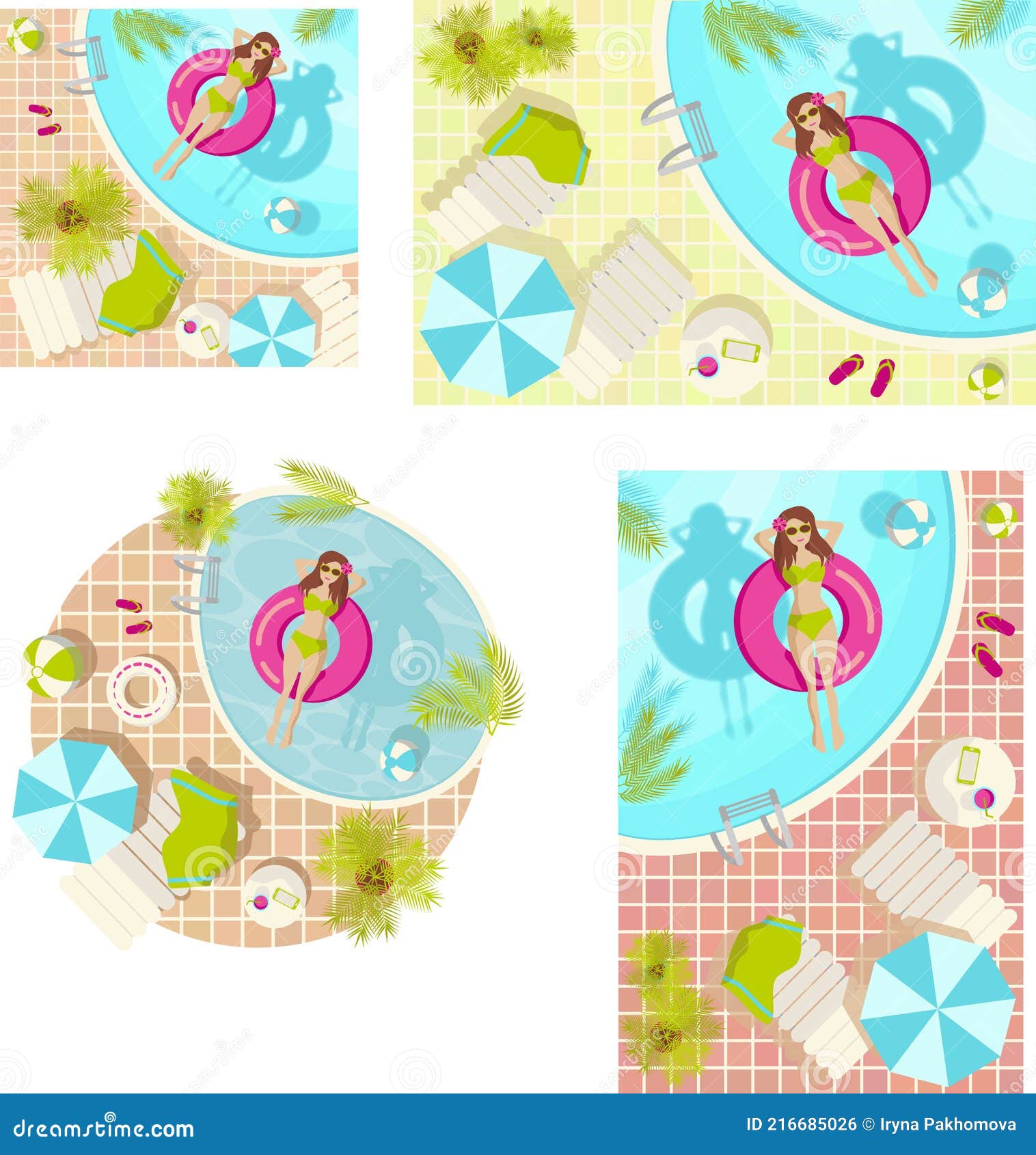 Set of Illustrations with a Girl in a Pool Stock Vector - Illustration ...