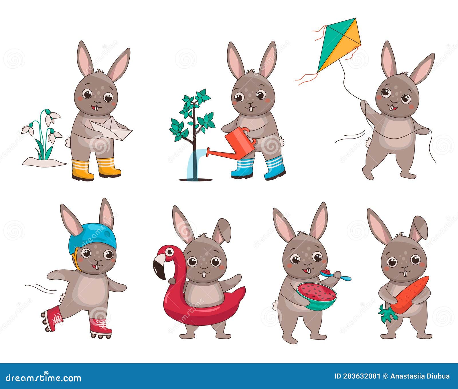 Set of Illustrations of Hares with Different Activities. Stock Vector ...