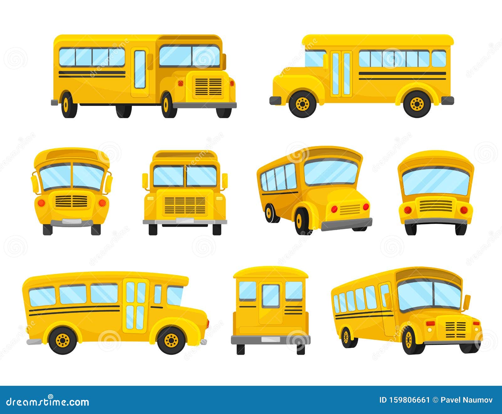 The Set of Illustrations of Nine Yellow School Buses in Different ...