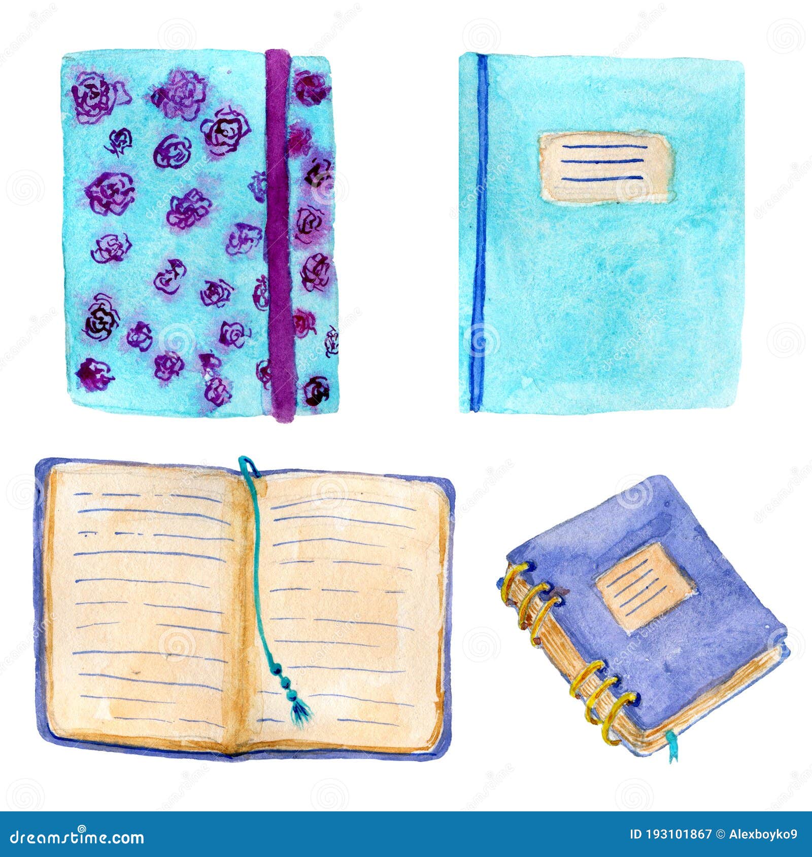 Set of Illustrations of Notebooks and Notebooks in Watercolor. Blue ...
