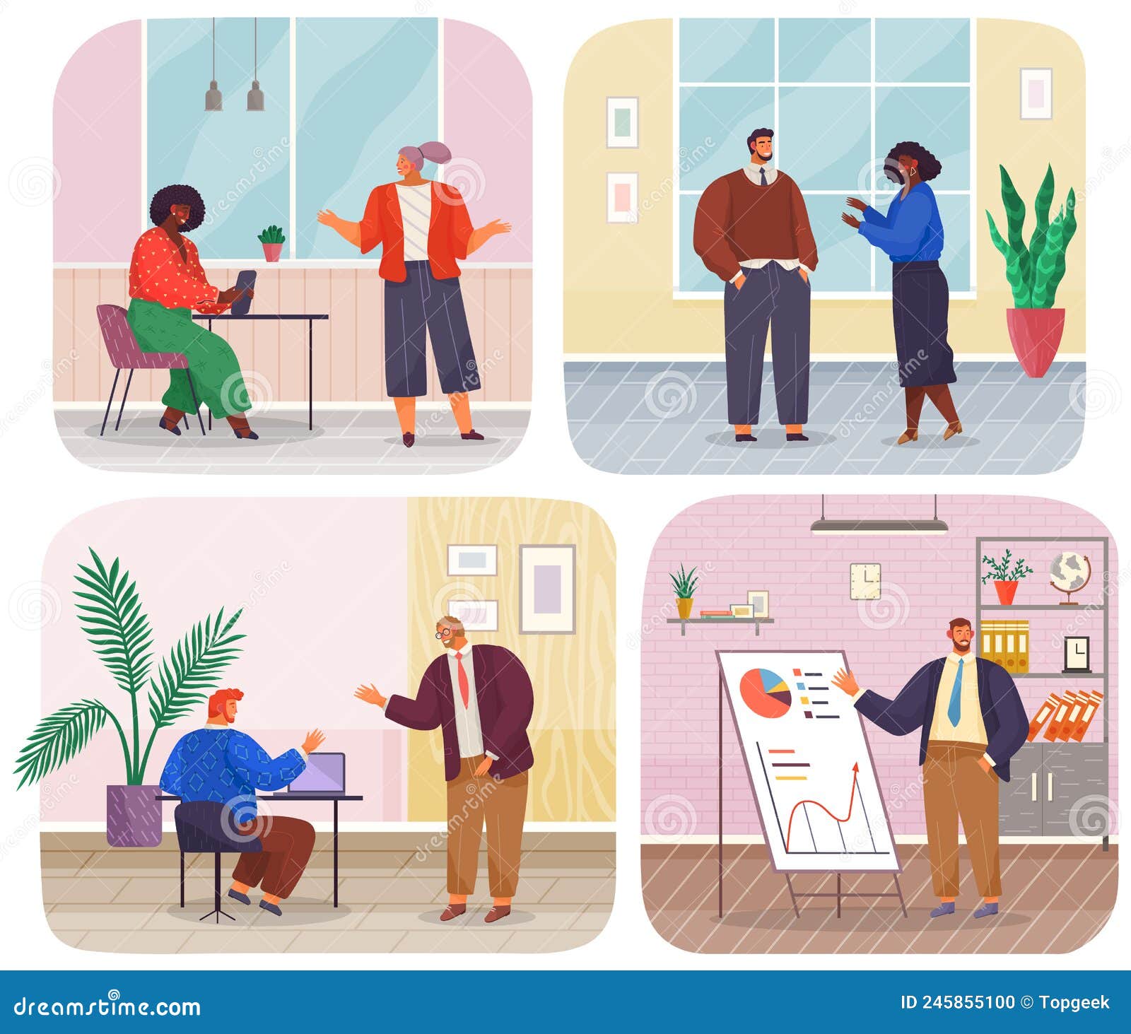 Set of Illustrations about Office Work. People Communicating, Having ...