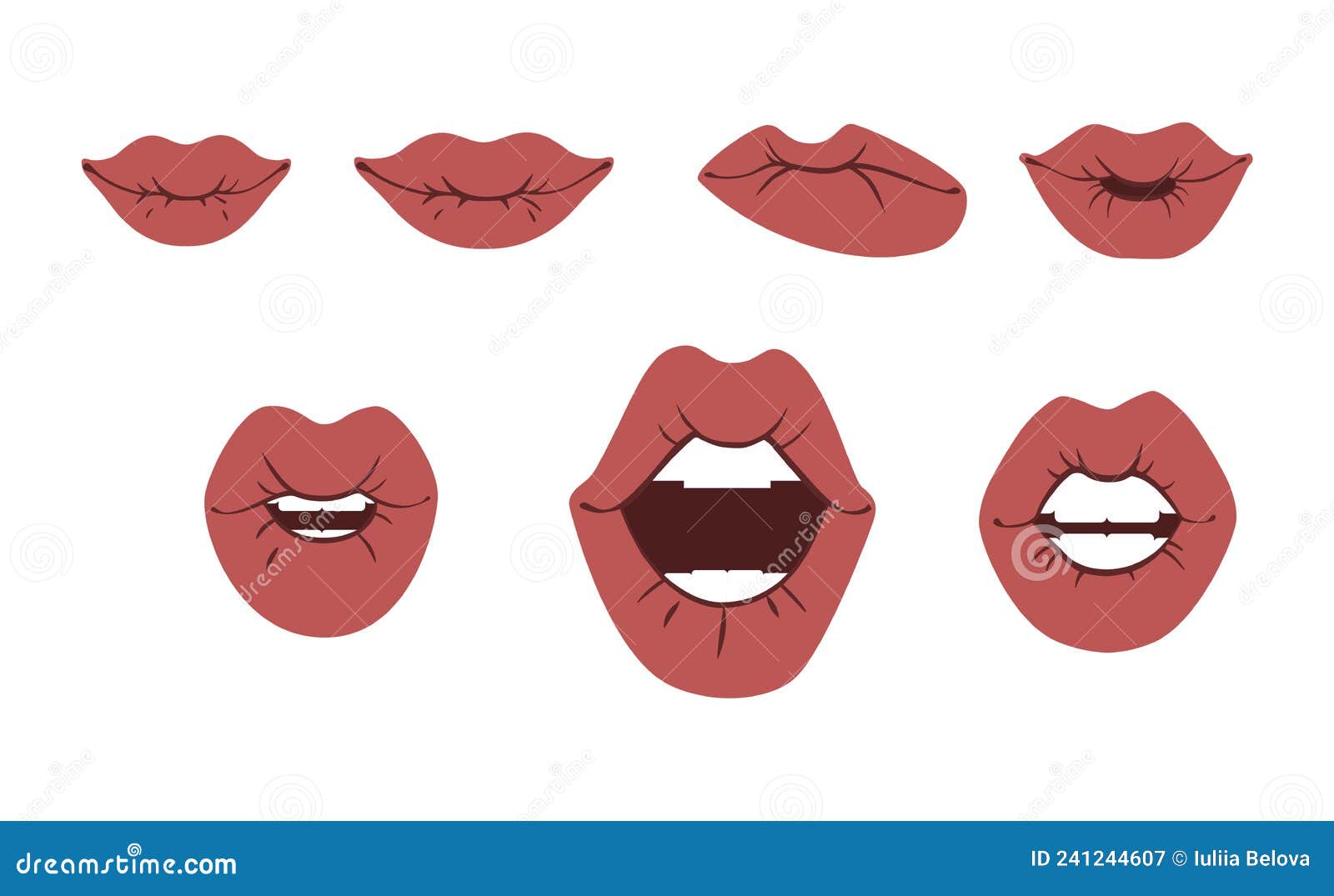 Set of Illustrations Open and Closed Lips of a Woman with Different ...