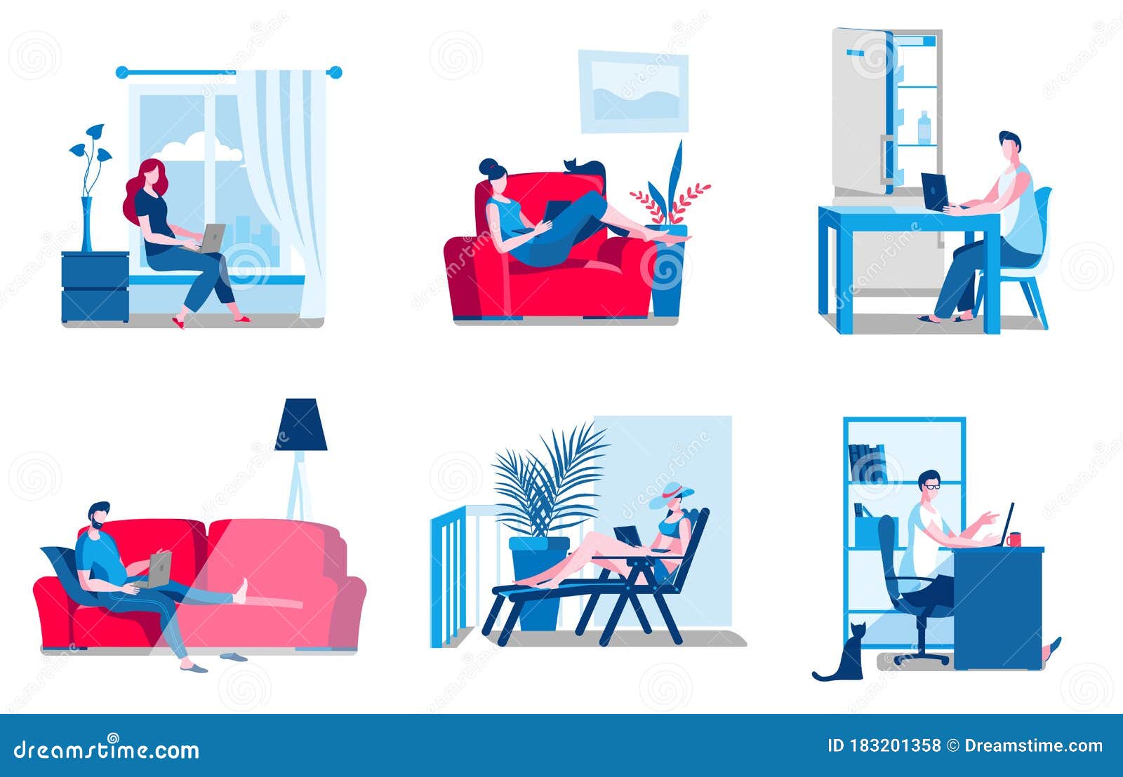A Set of Illustrations with People Working from Home in Various ...