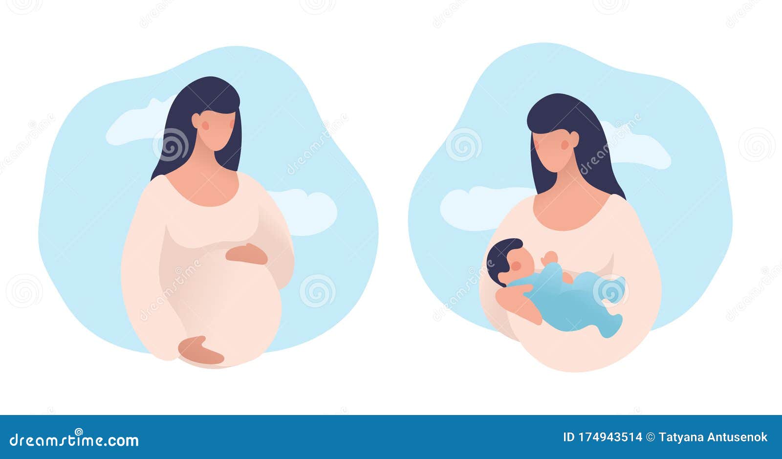 Set Of Illustrations About Pregnancy And Motherhood Pregnant Woman
