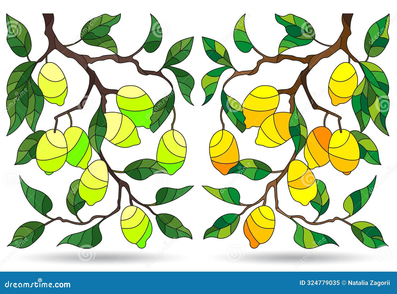 A Set of Illustrations of Stained Glass Windows with Lemon Leaves and ...