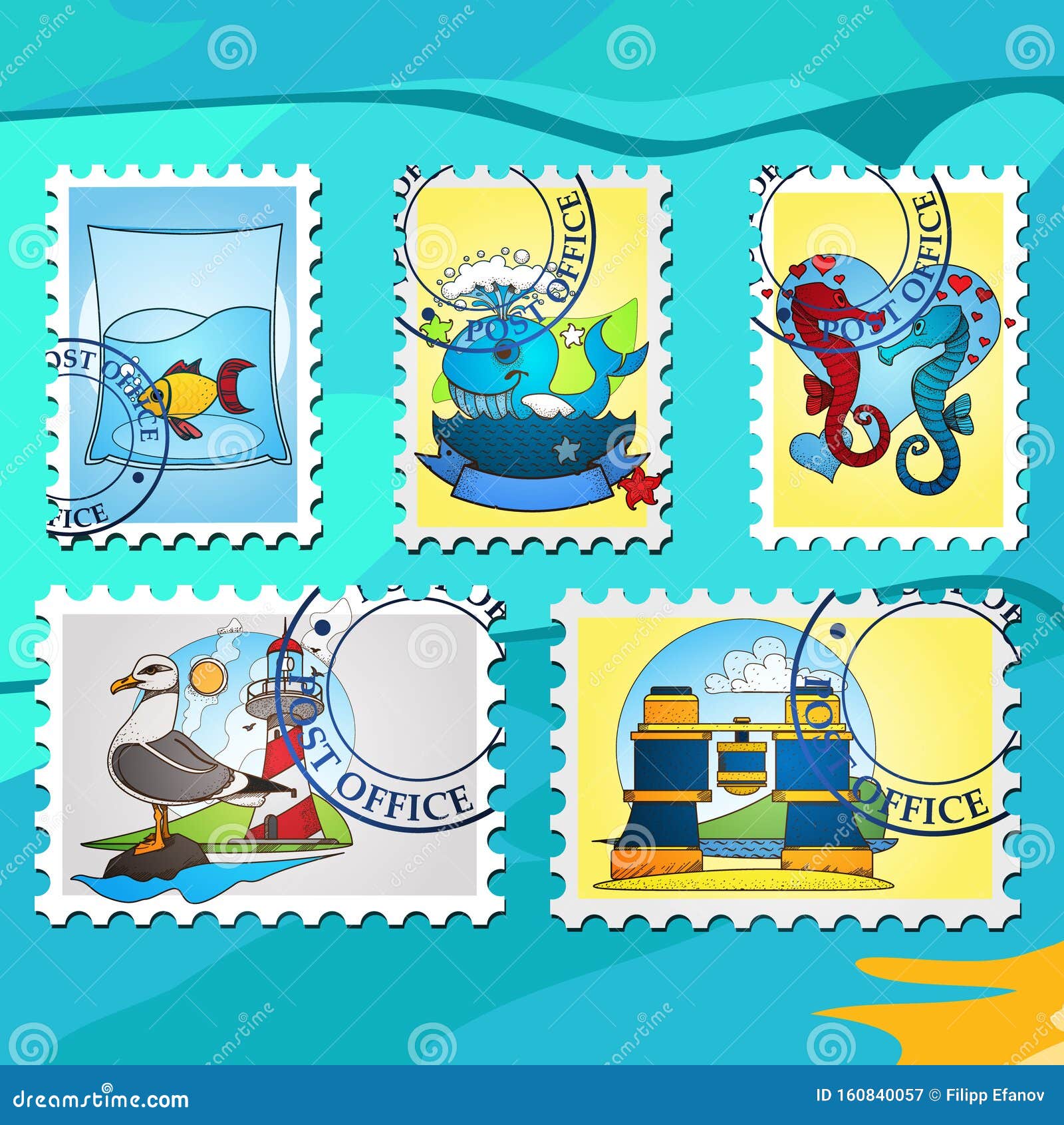A Set of Illustrations Stylized for Postage Stamps on the Theme of the ...