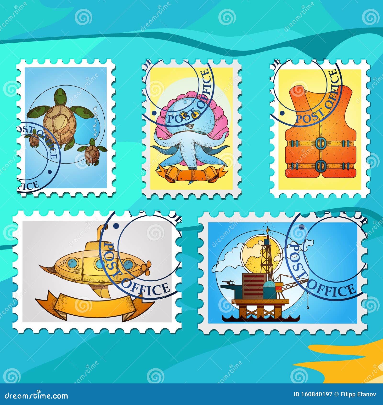 A Set of Illustrations Stylized for Postage Stamps on the Theme of the ...